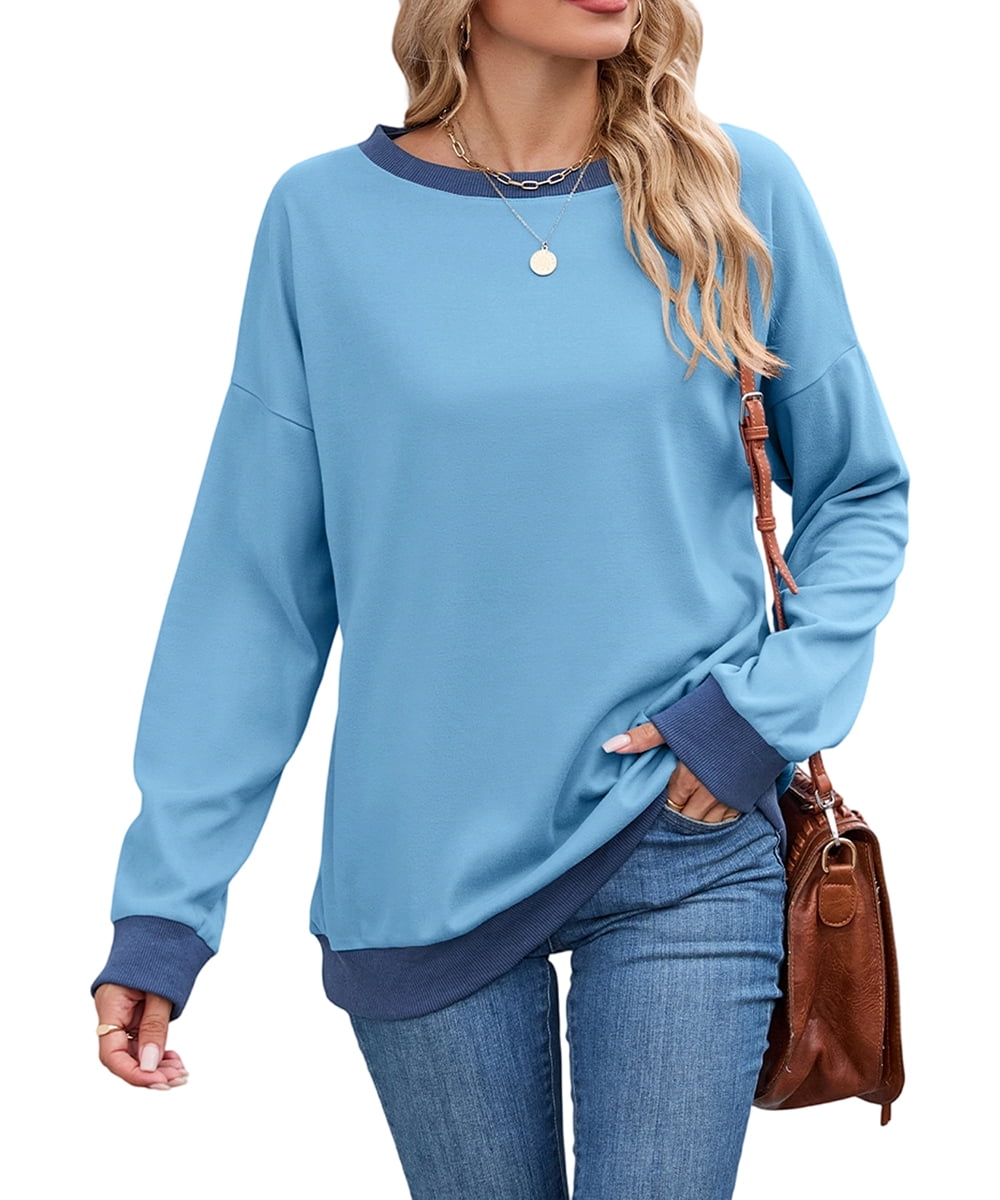 Color Block Ribbed Sweatshirt Round Neck Loose Long Sleeves - Walmart.com