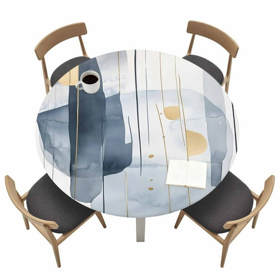 Color Block Round Fitted Tablecloth with Elastic Edge Blue Beige ...