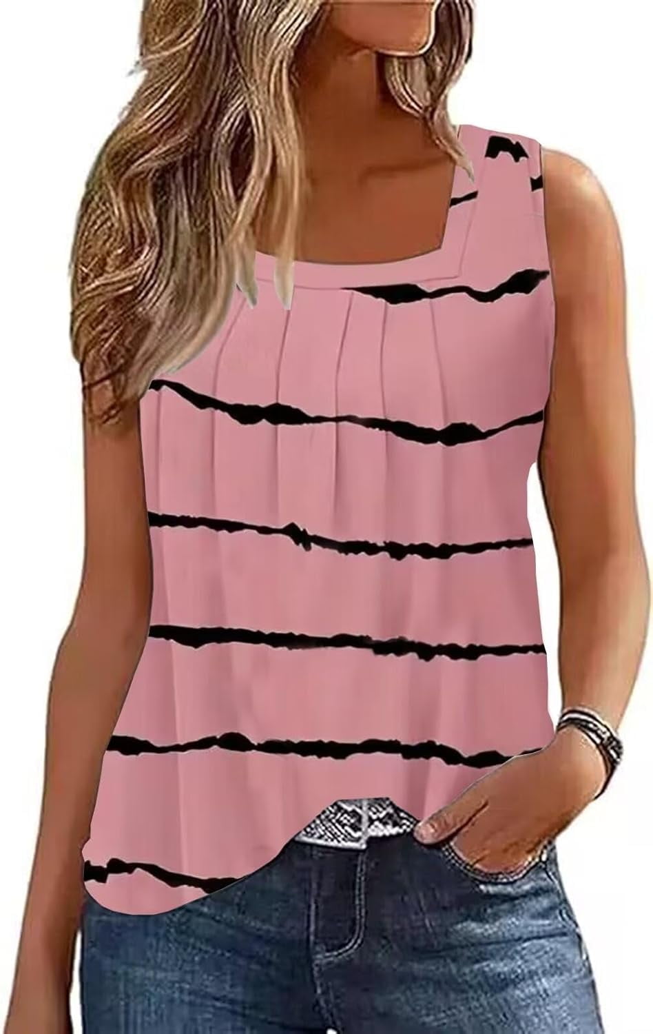 Color Block Ruffled Square Collar Tank Top Women Striped Tank Tee ...
