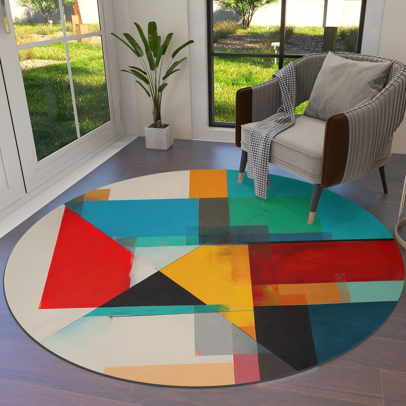 Color Block Segmentation Line Overlay Round Area Rug Carpets for Living ...