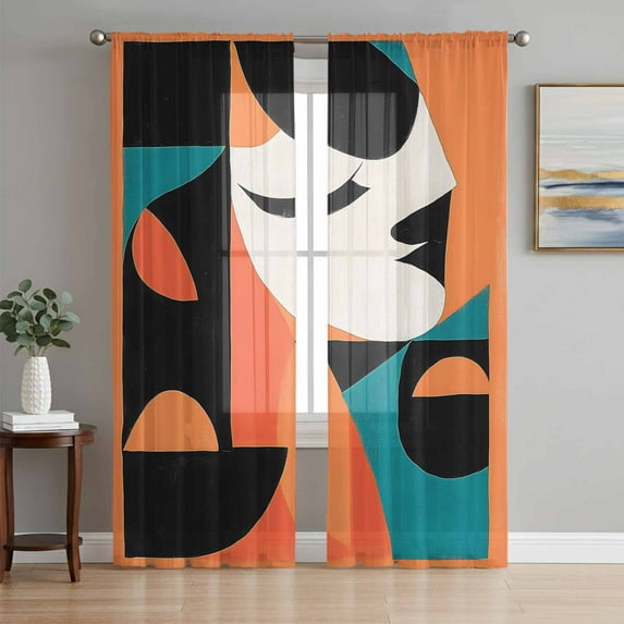 Color Block Semi Sheer Curtains 63 Inch Length 2 Panels Set, Orange ...