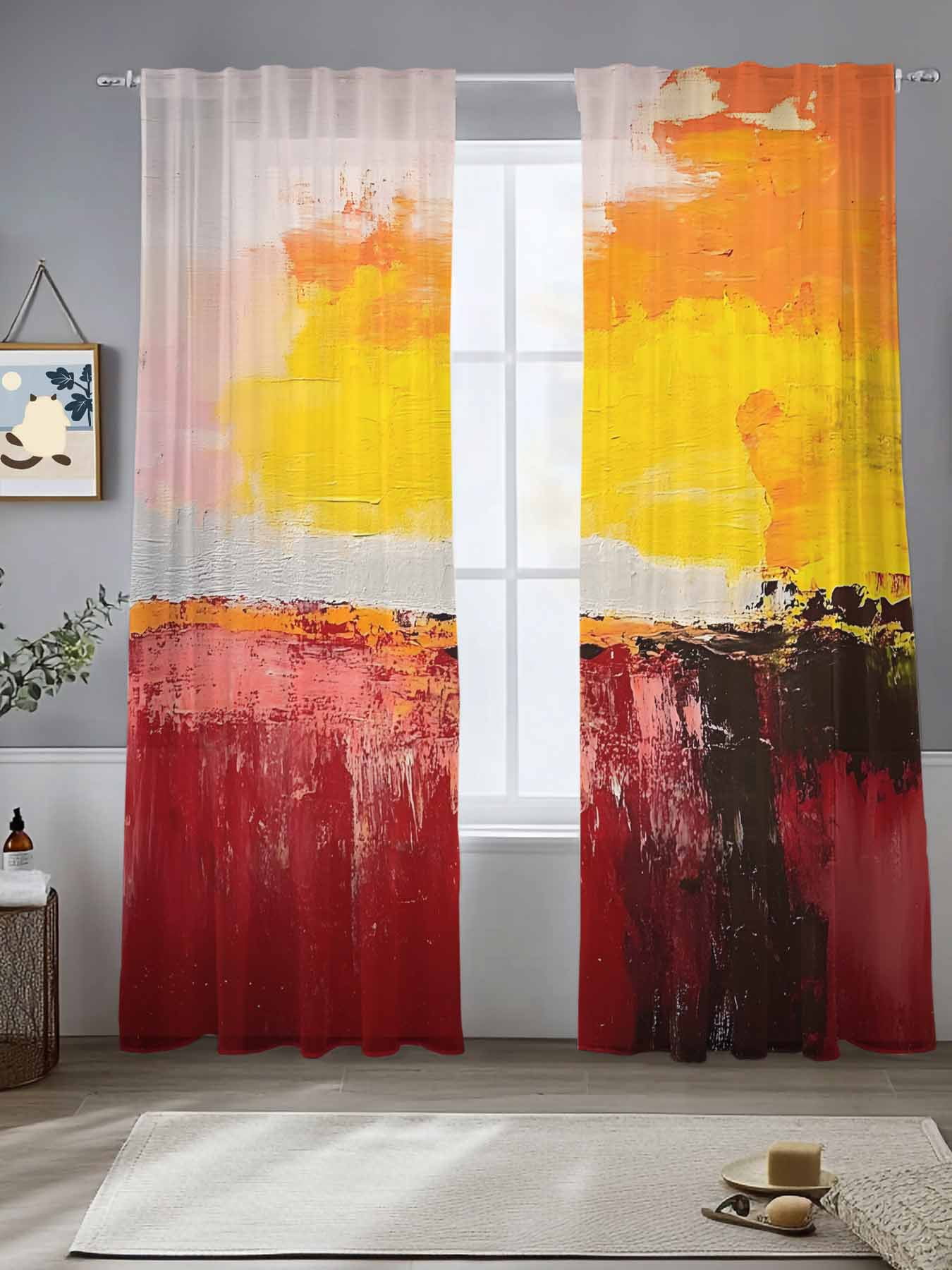 Color Block Sheer Curtains 108 Inches Long 2 Panels Red Orange Light ...