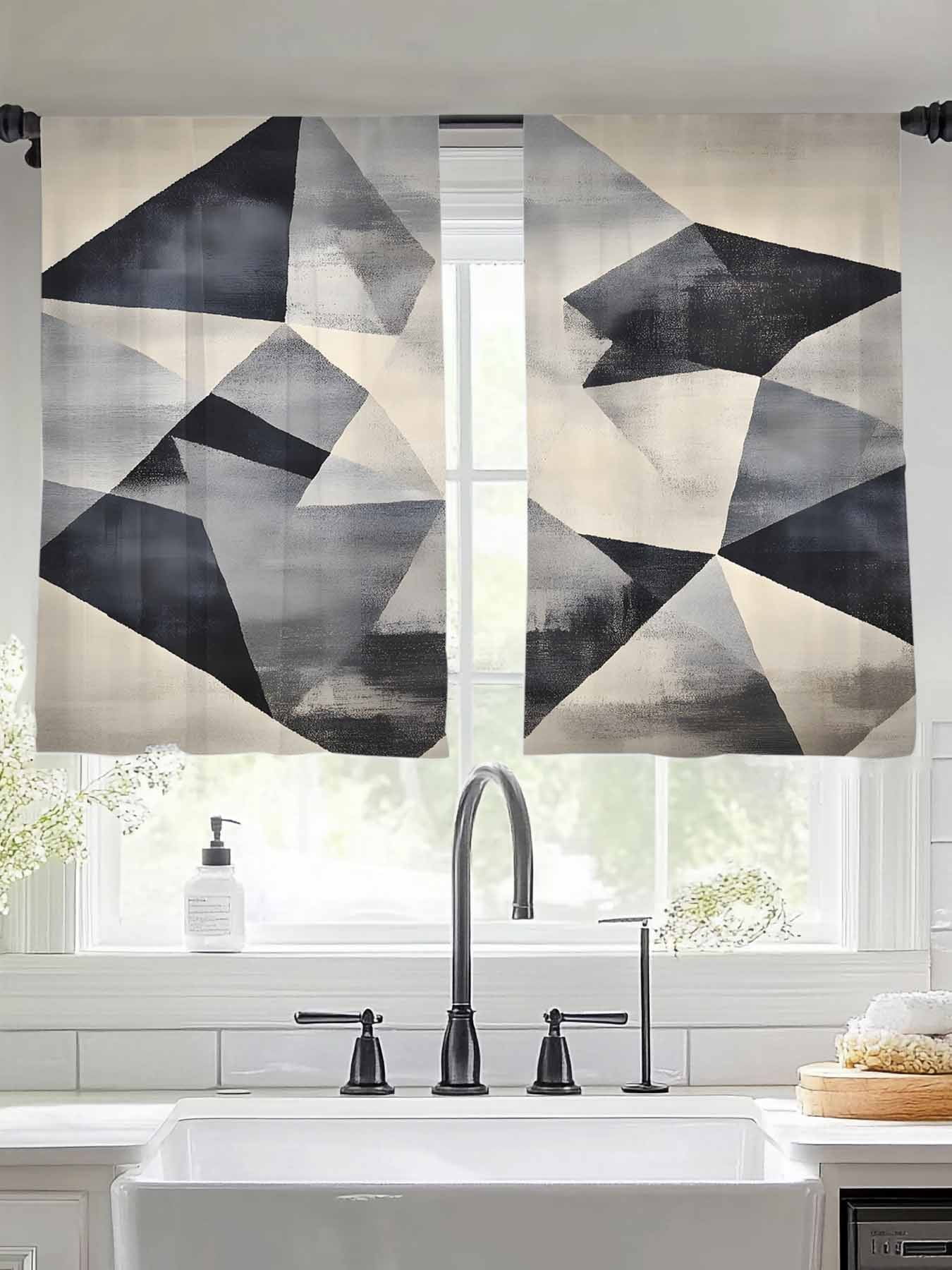 Color Block Sheer Curtains 54 Inches Long 2 Panels Modernism Blue Beige ...