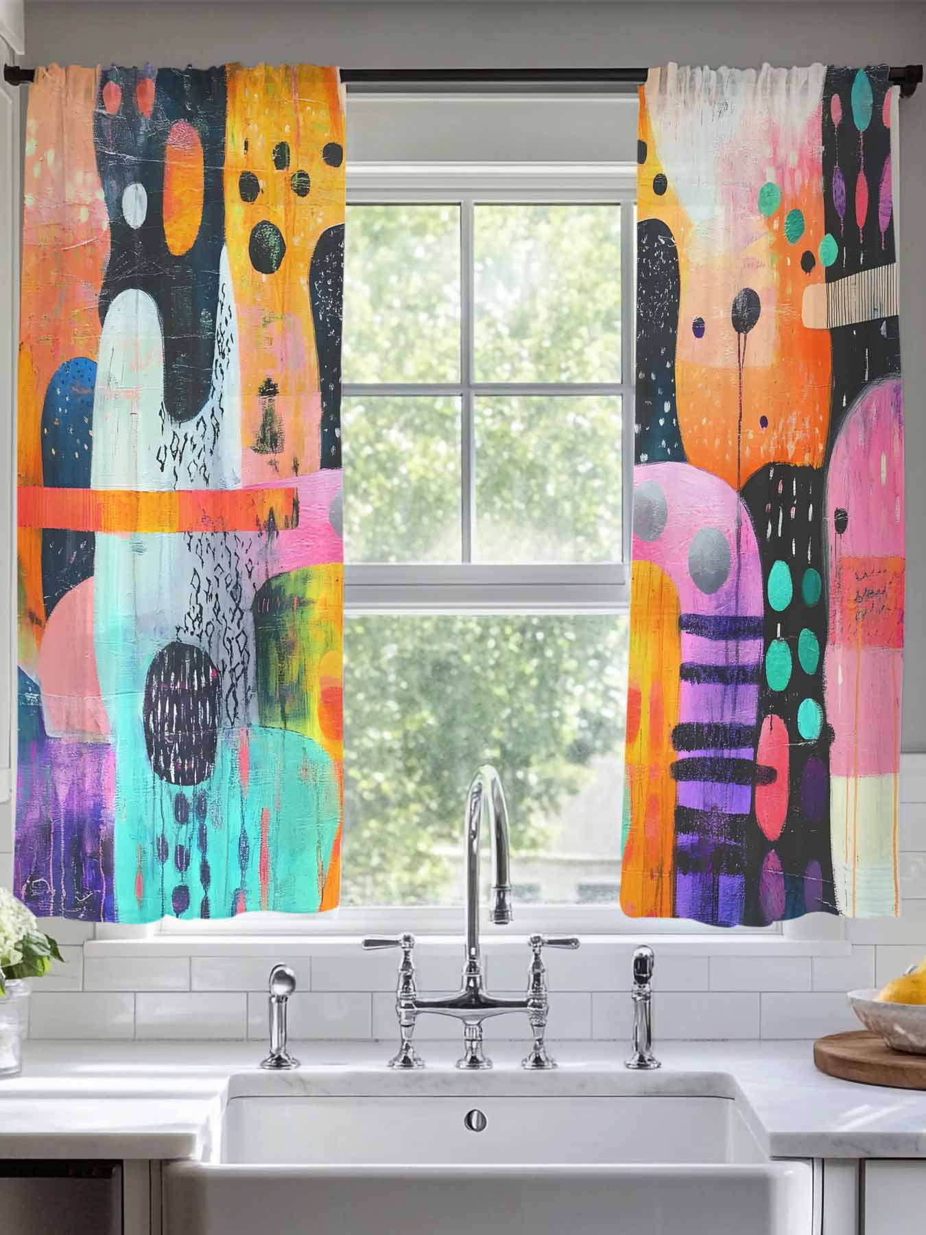 Color Block Sheer Curtains 63 Inches Long 2 Panels Impressionist Yellow ...