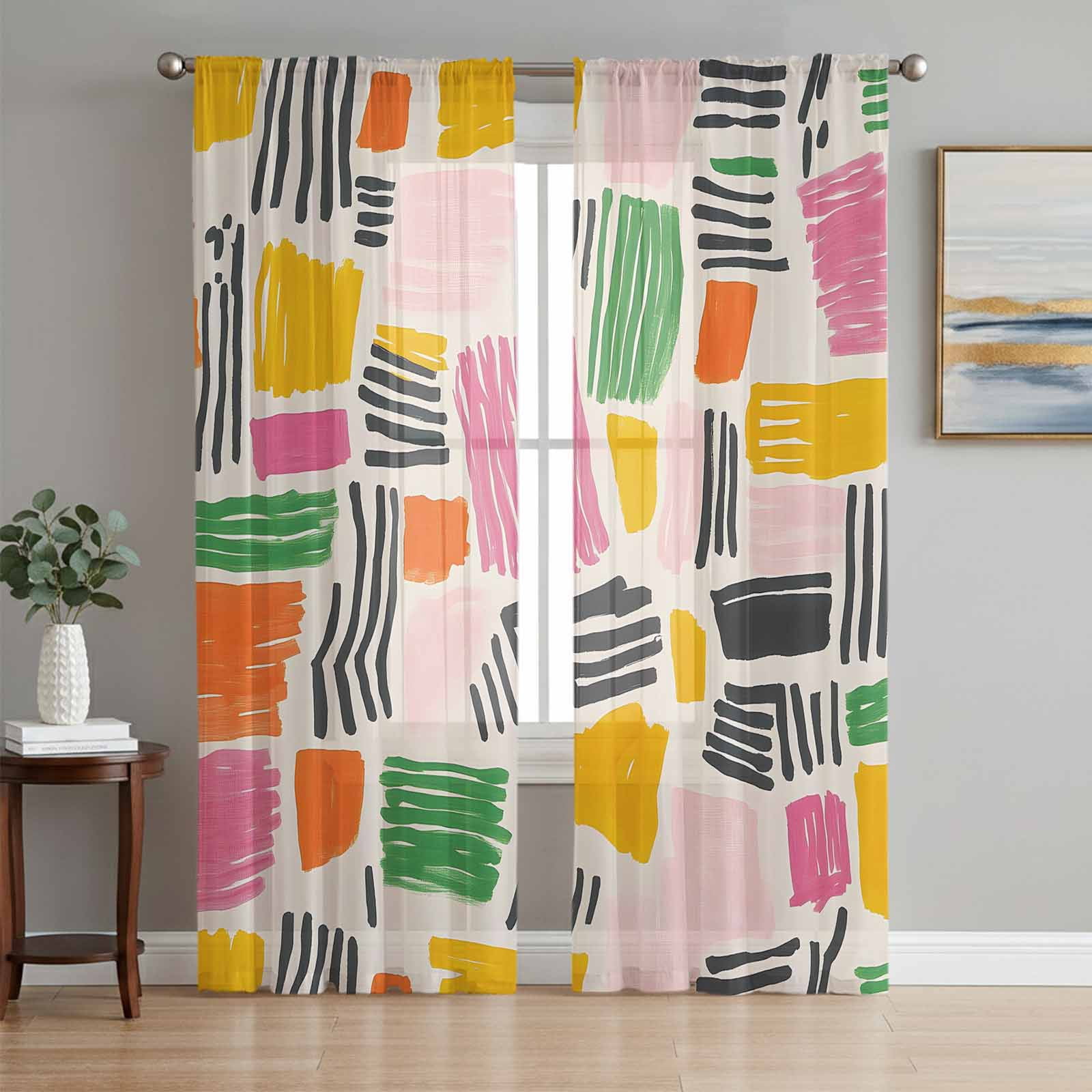 Color Block Sheer Curtains 84 Inch Length 2 Panels Set, Abstract ...