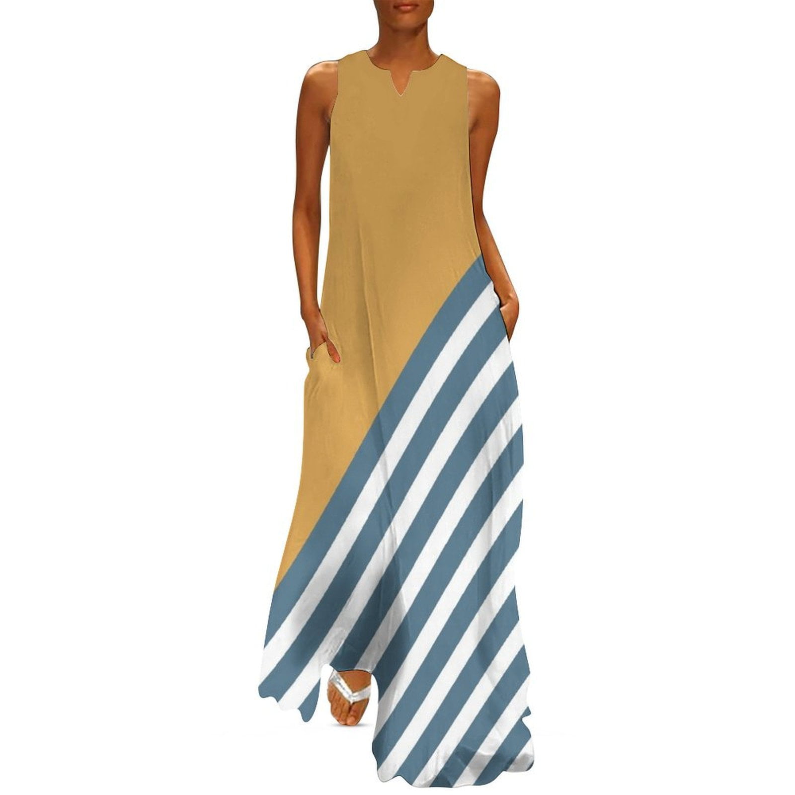 Color Block & Stripes Geometric Print Yellow Blue and White Long Dress ...