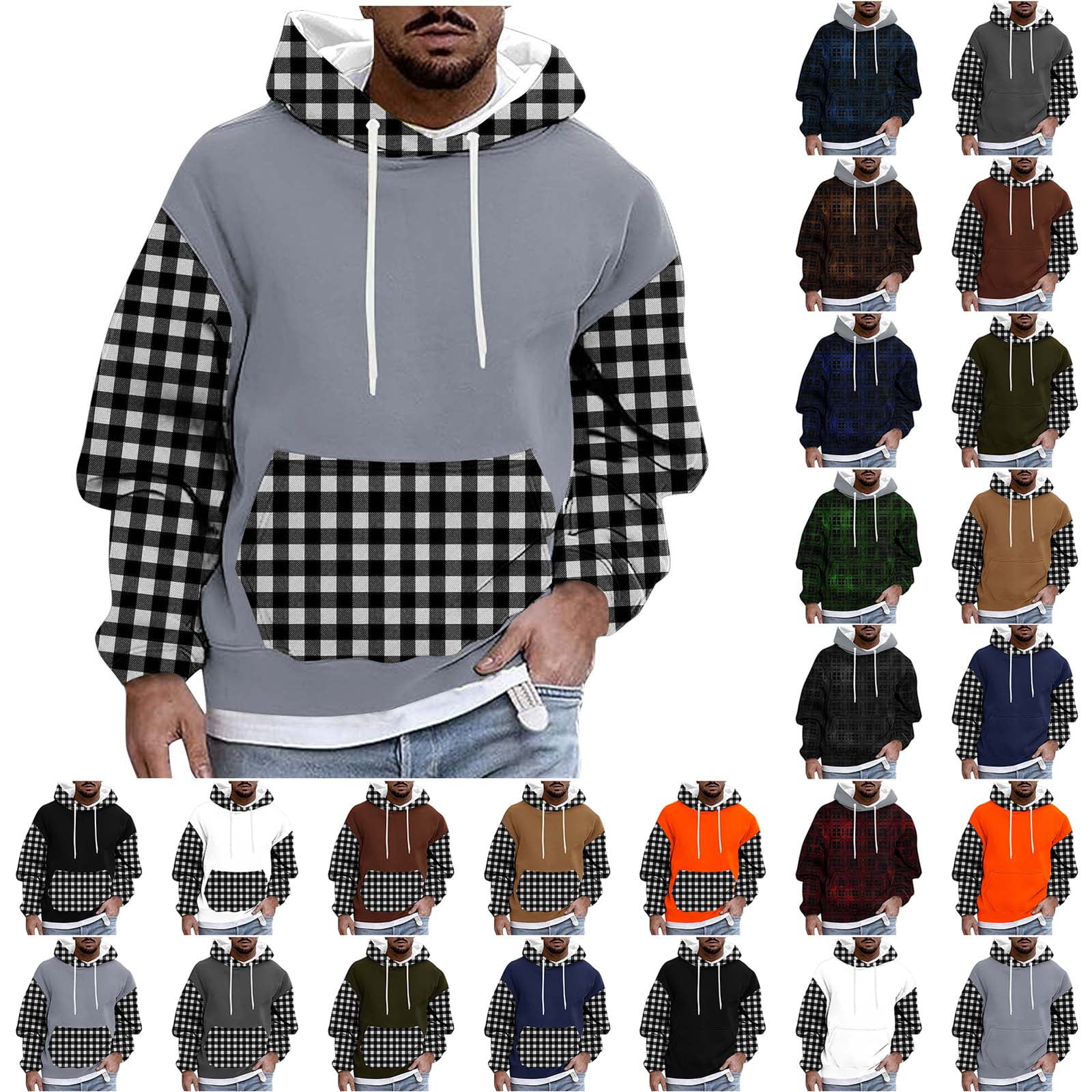 BiZtdJrK Color Block Sweatshirts for Men Fashion Plaid Long Sleeve ...