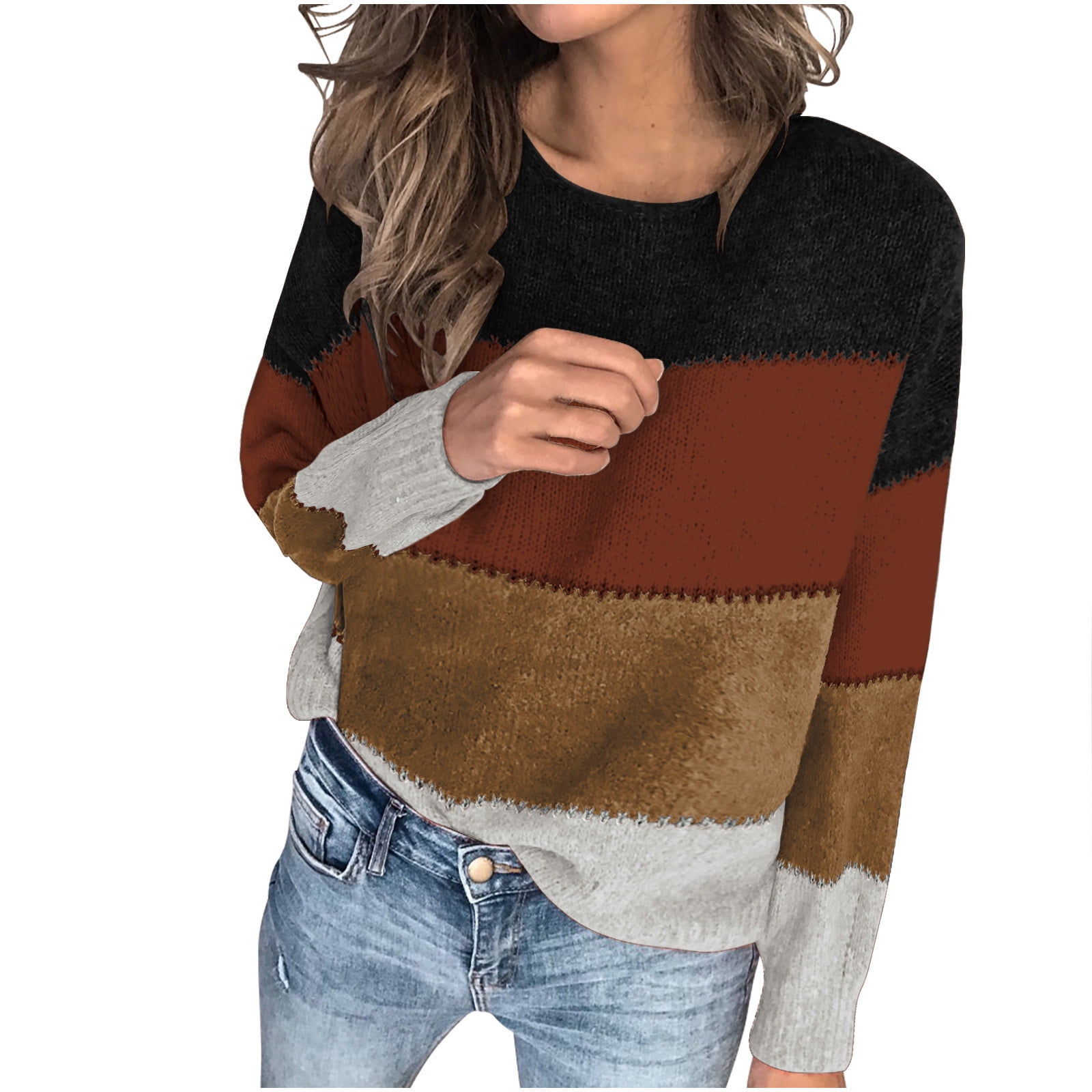 Color Block Sweatshirts for Women Striped Round Neck Knitted Pullover ...