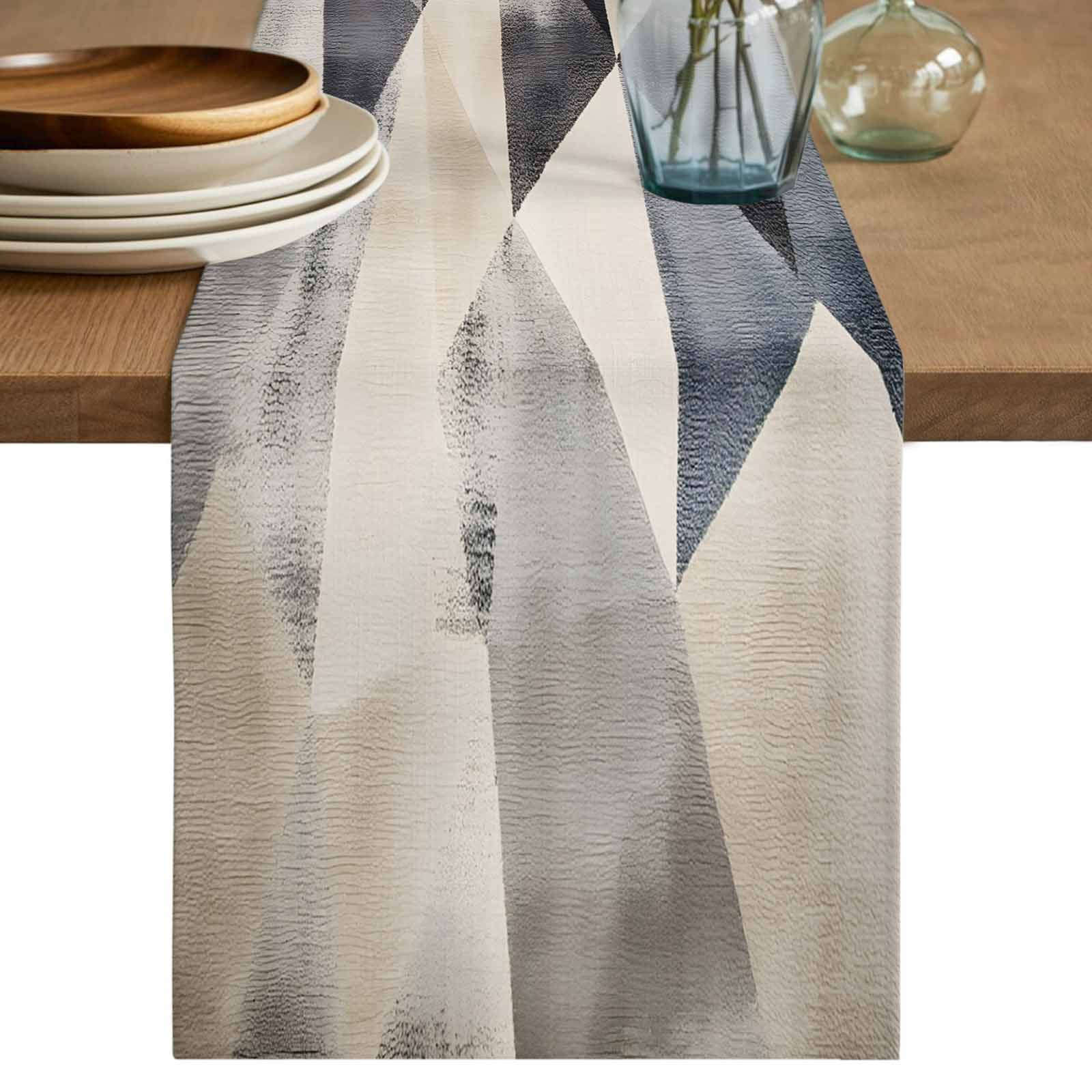 Color Block Table Runner, Modernism Black Beige Geometric Cotton Linen ...