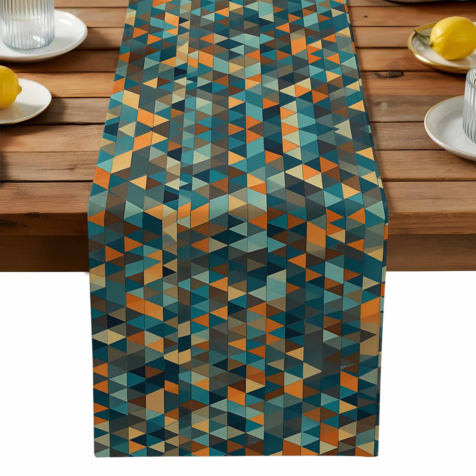 Color Block Table Runner, Orange Green Check Abstract Texture Kitchen ...