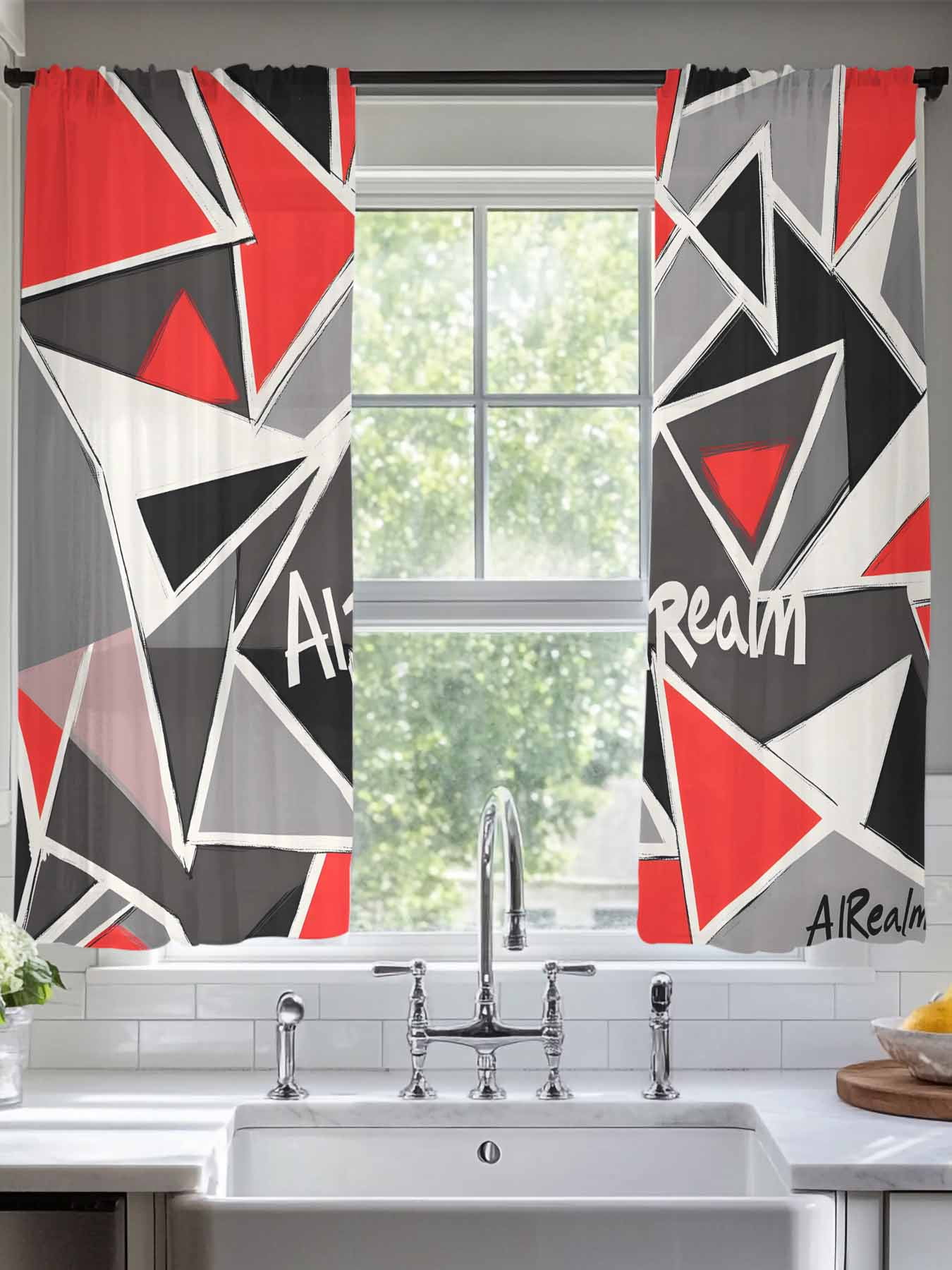 Color Block Triangle Sheer Curtains 63 Inches Long 2 Panels Black Red ...