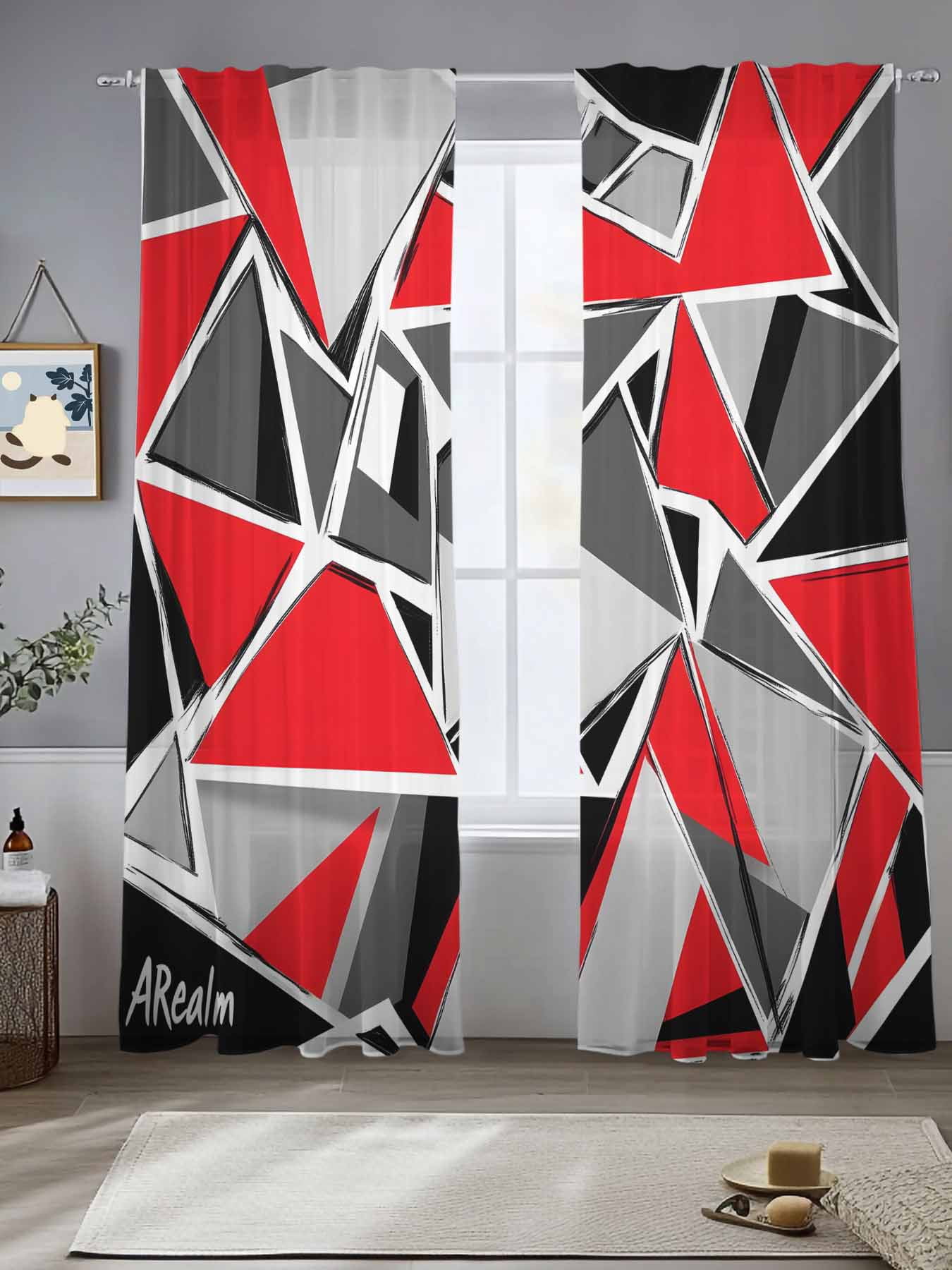 Color Block Triangle Sheer Curtains 96 Inches Long 2 Panels Black Red ...