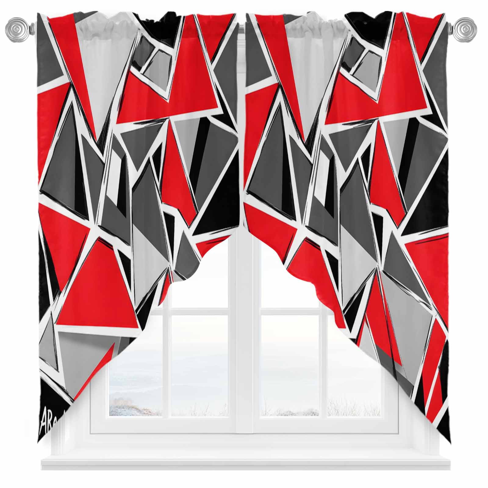 Color Block Triangle Swag Curtain Valance for Windows, Black Red ...