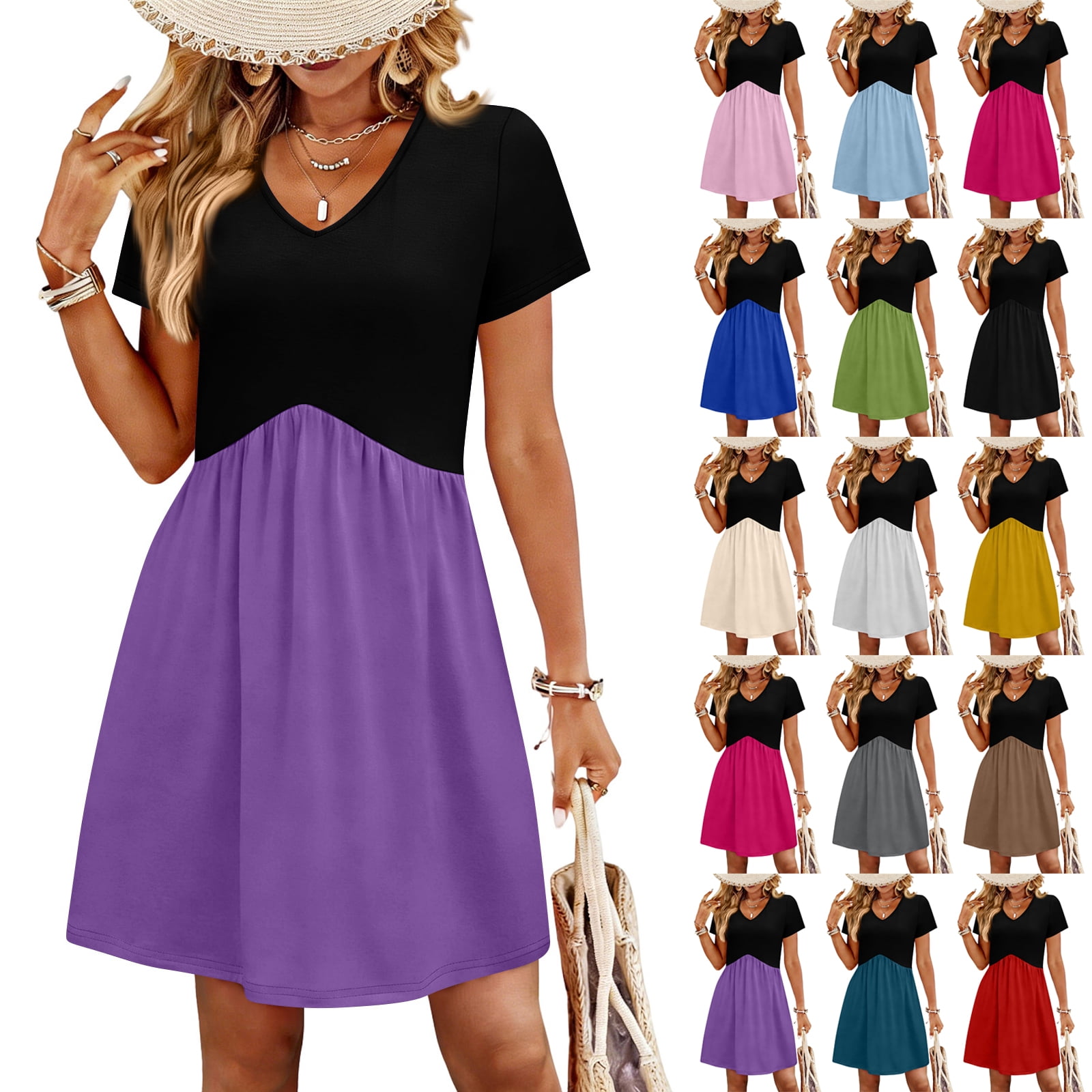 Color Block V Neck Dress Short Sleeve Empire Waist Pleated Swing Dress ...