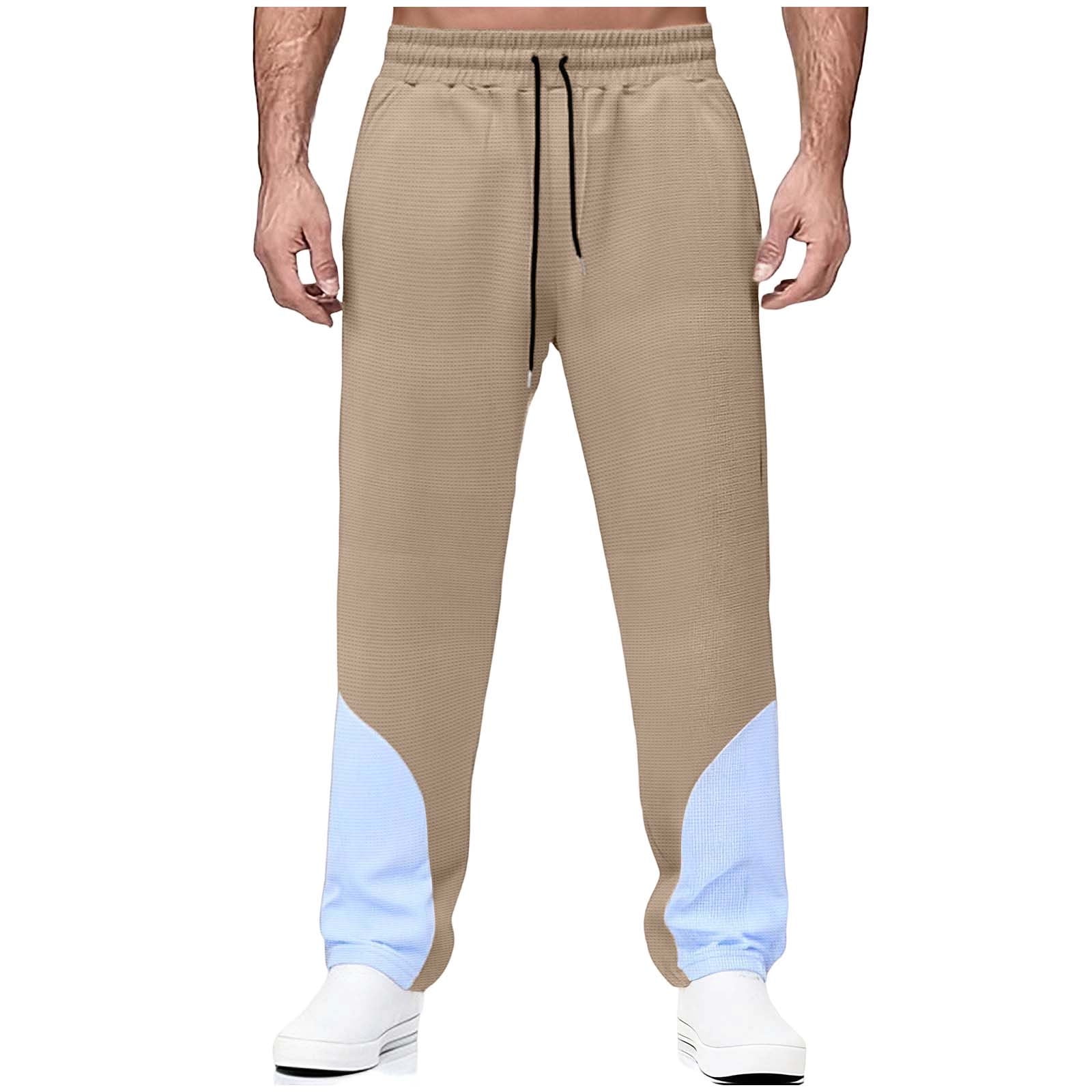 Color Block Waffle Pants for Men Wide-Leg Elastic Waist Trousers with ...