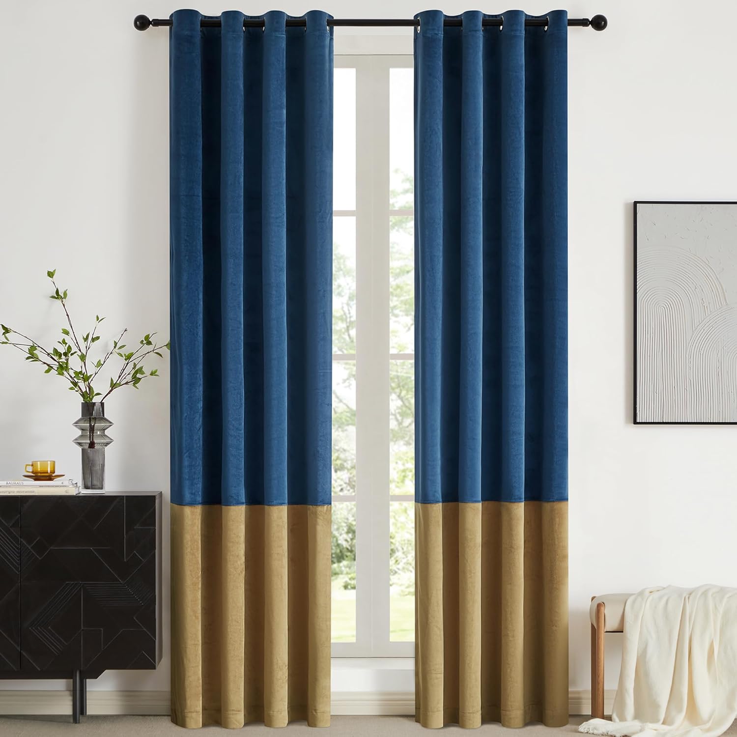 Color Block Window Curtain Panels 120 Inches Long Navy Blue Gold Velvet ...