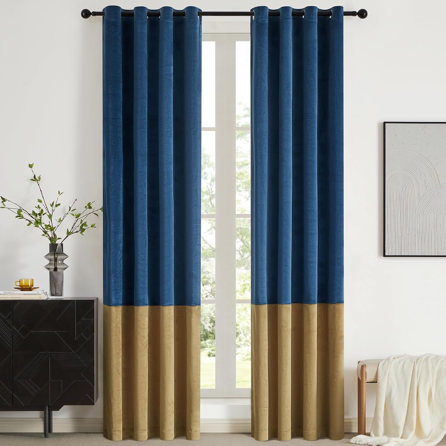 Color Block Window Curtain Panels 84 Inches Long Navy Blue Gold Velvet ...