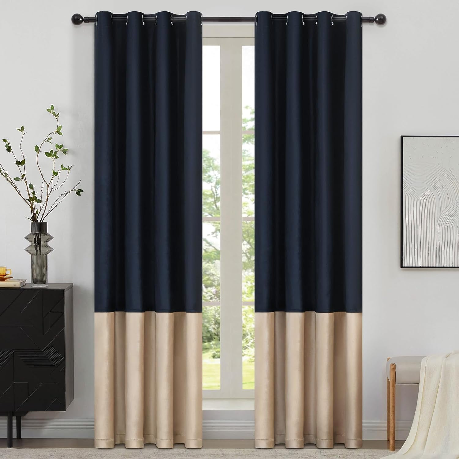 Color Block Window Curtain Panels 96 Inches Long Navy Blue and ...