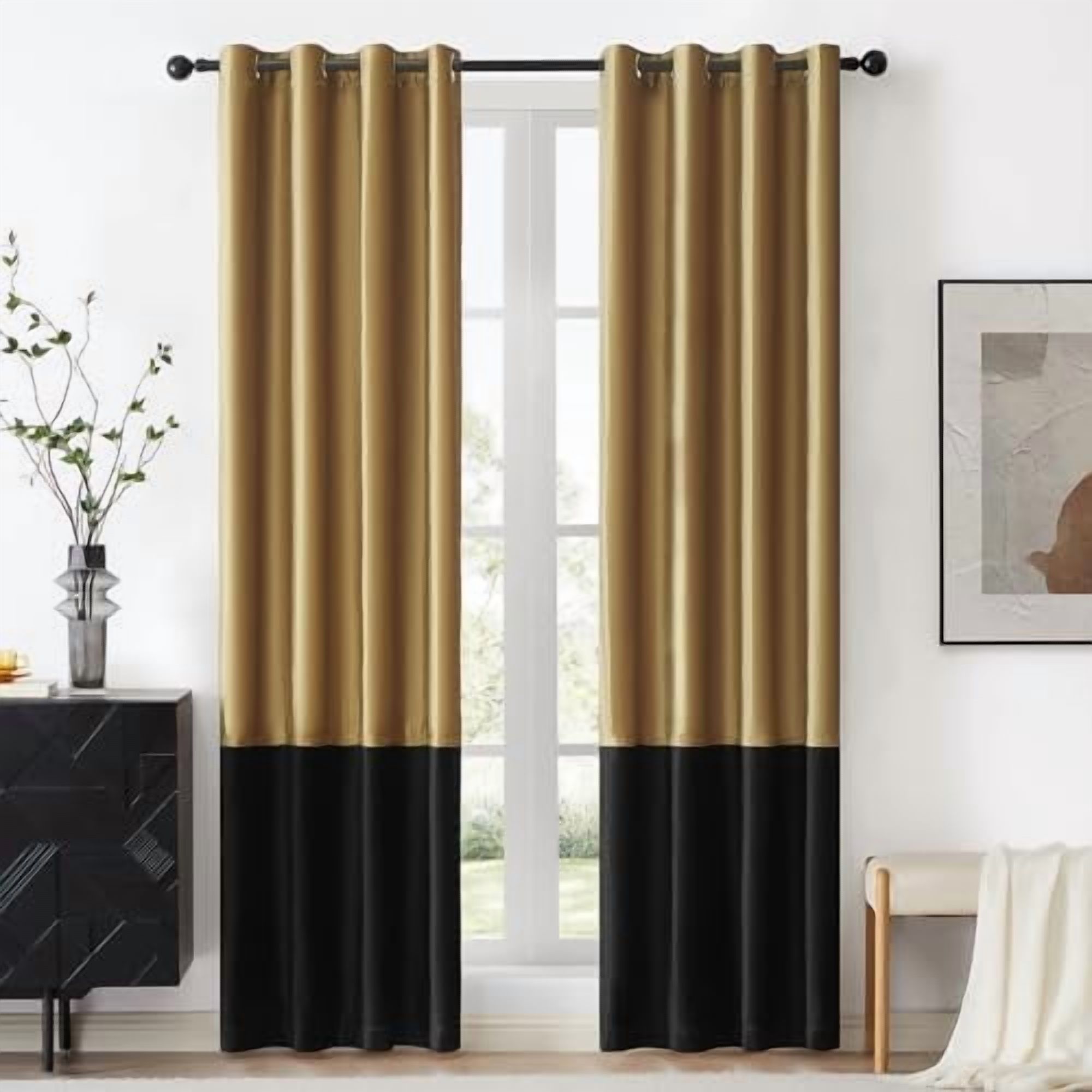 Color Block Window Curtains Panels 120 inches Long Gold Black Velvet ...