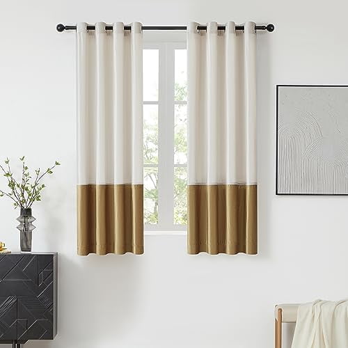 Color Block Window Curtains Panels 63 inches Long Cream Ivory Gold ...