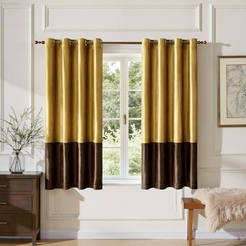 Color Block Window Curtains Panels 63 inches Long Gold Brown Velvet ...