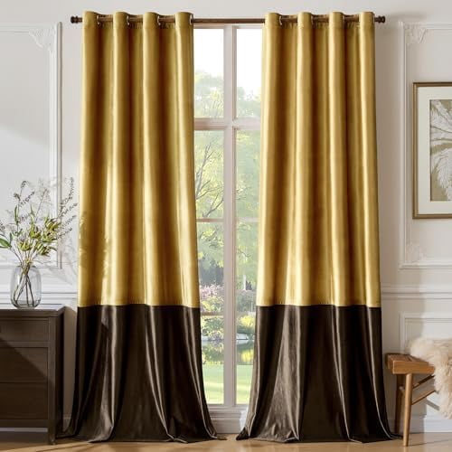 Color Block Window Curtains Panels 96 inches Long Gold Brown Velvet ...