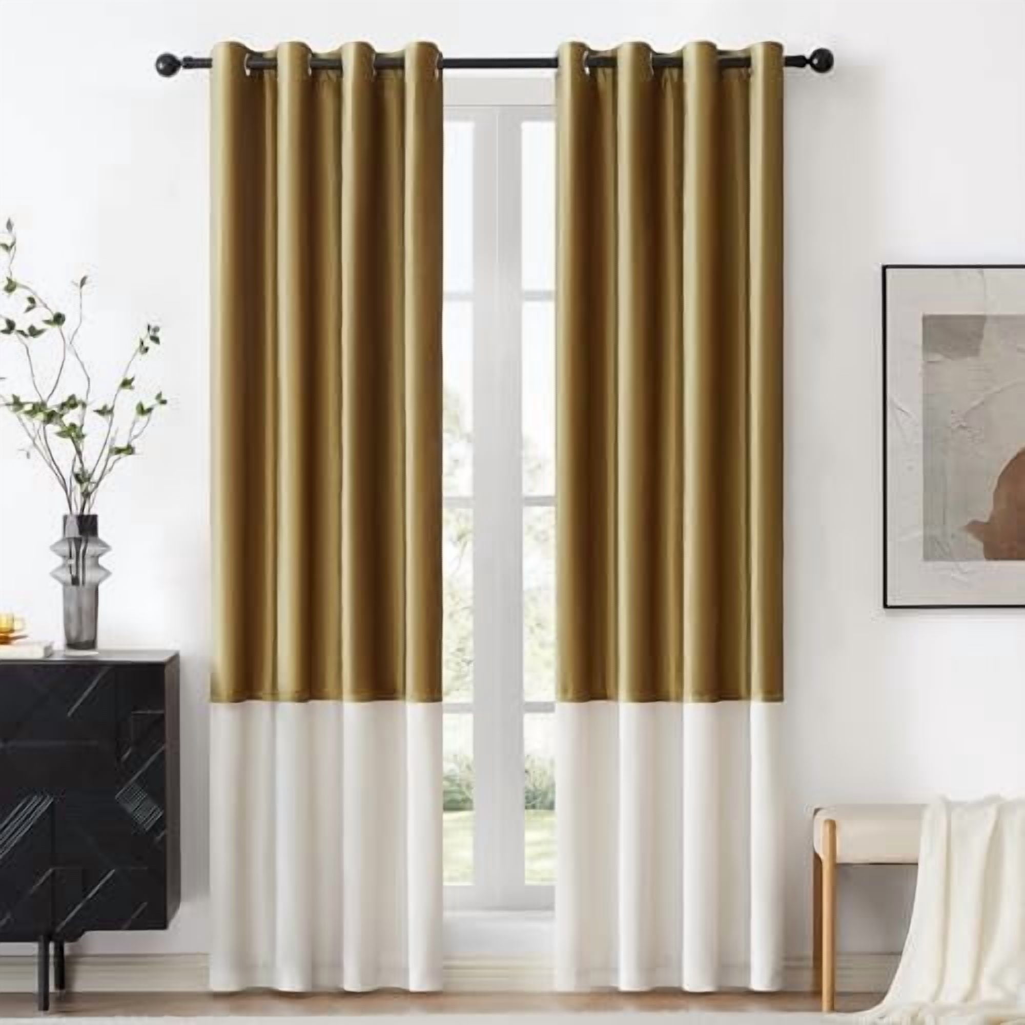 Color Block Window Curtains Panels 96 inches Long Gold Ivory Velvet ...