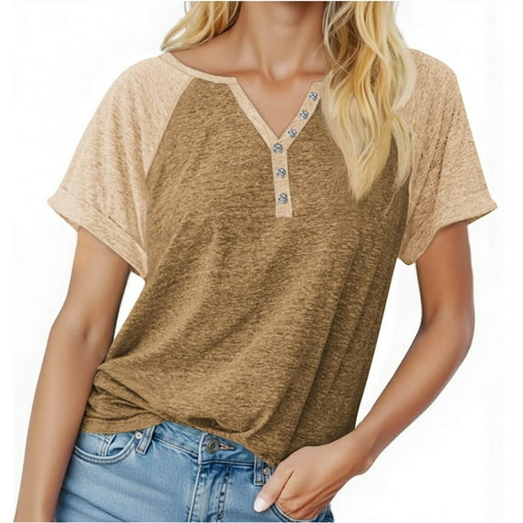Color Block Women Short Sleeved Summer Raglan V-neck Button T-shirt ...