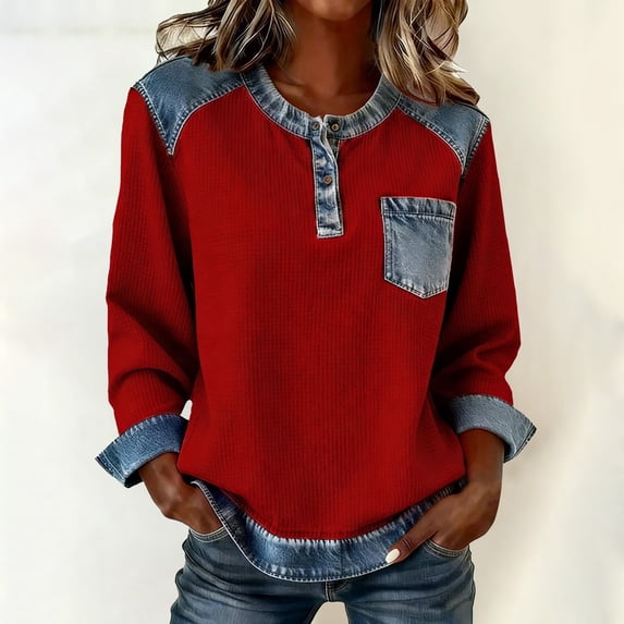 Color Block Women's Top Denim V-Neck Long Sleeve Relax Fit Pullover ...