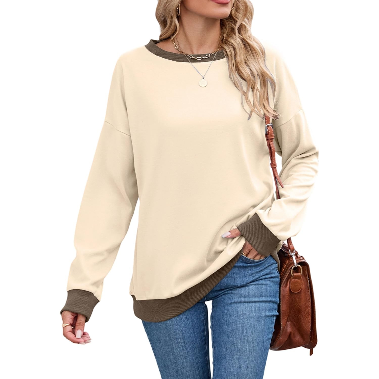 Color-Blocked Crew Neck Oversized Long-Sleeve Ribbed Women's Sweatshirt ...