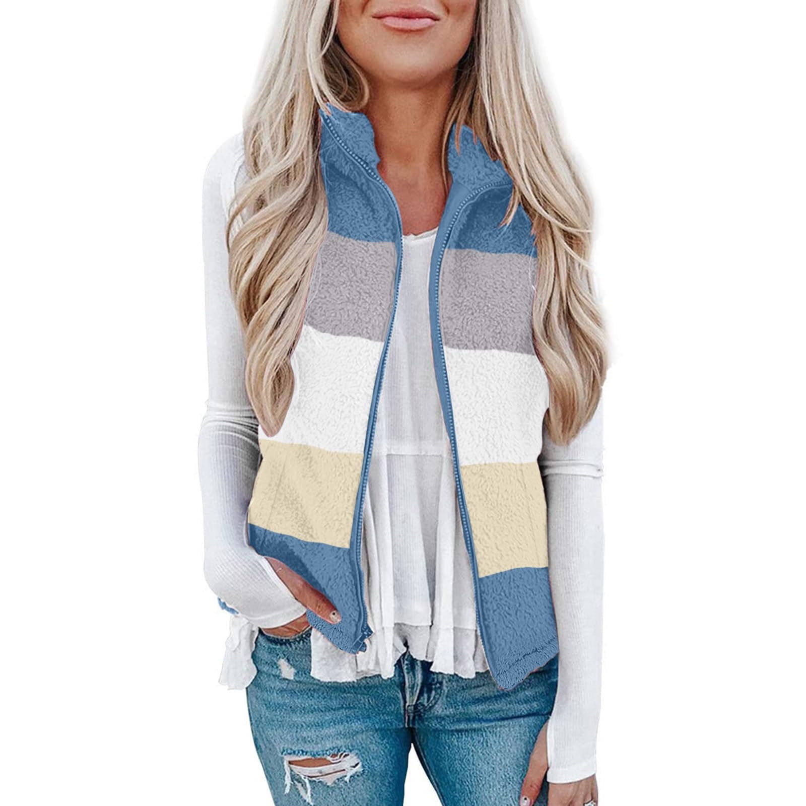 Color Blocking Womens Fuzzy Fleece Vest Casual Warm Sleeveless Zip Up ...