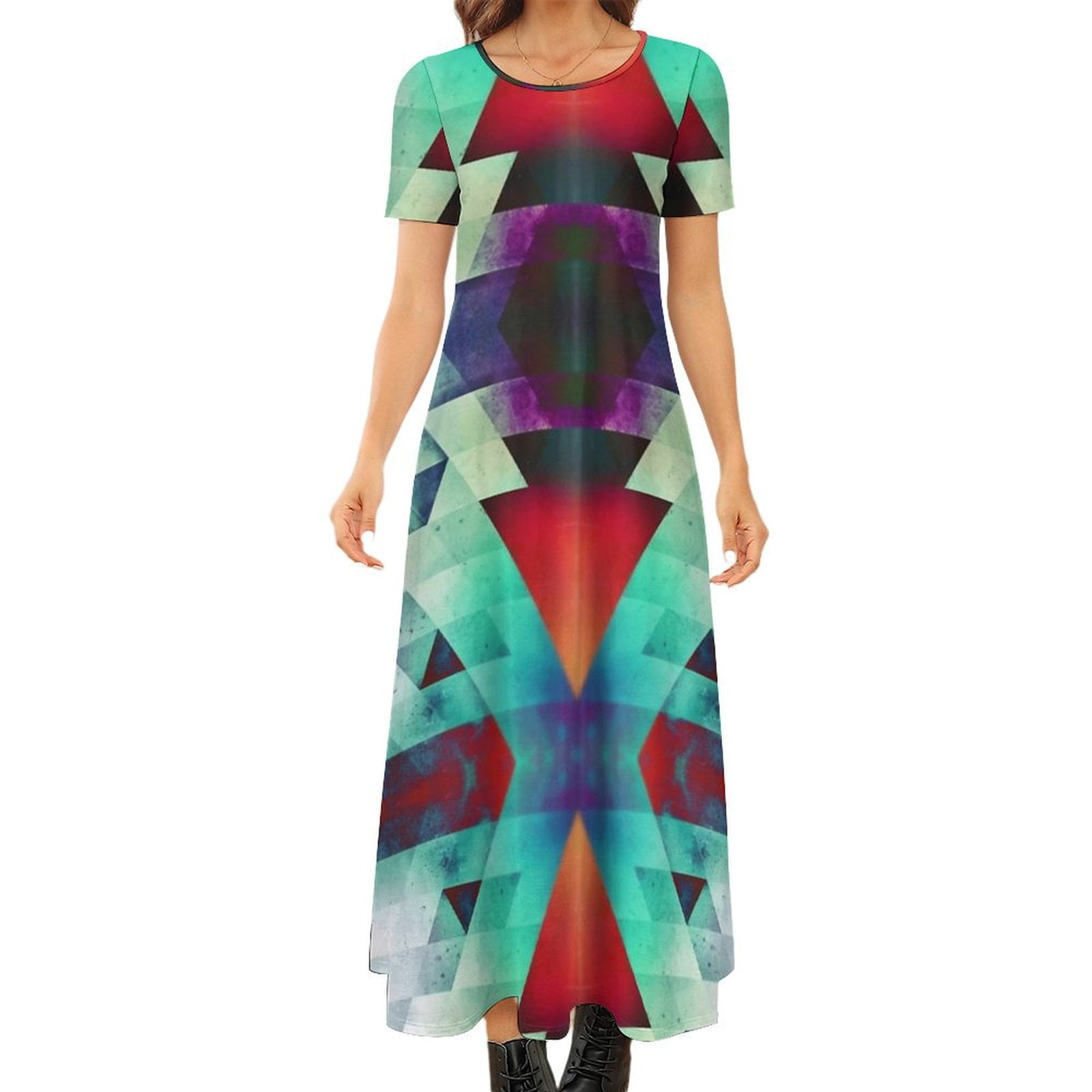 Color Blocks Maxi Dress for Women Crew Neck Beach Dress Short Sleeve ...