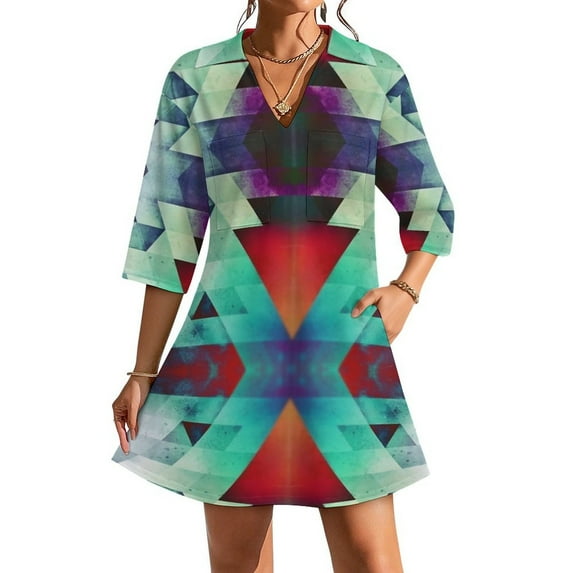 Color Blocks Womens Dress With Pockets Summer V Neck 3/4 Sleeve Dress ...