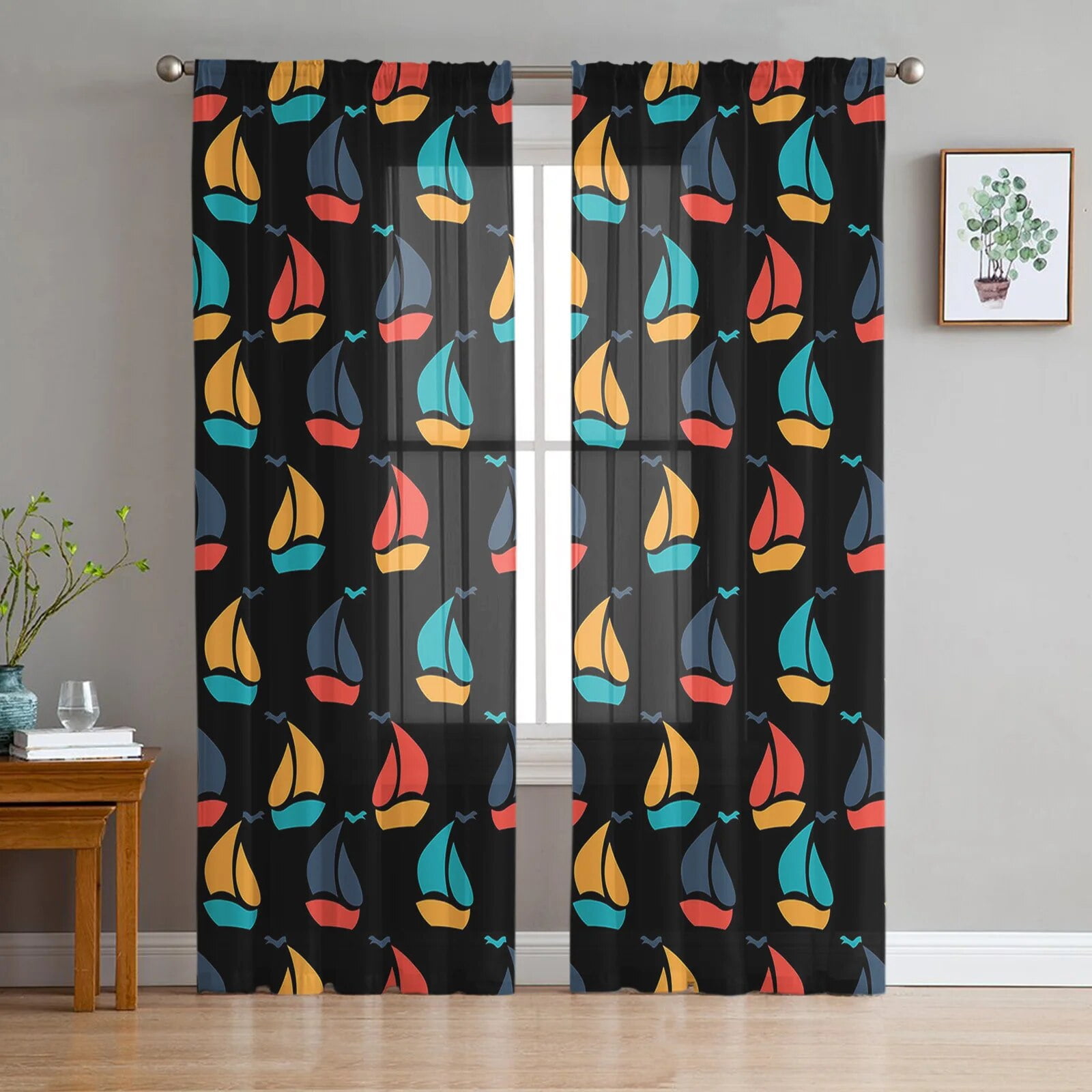 Color Boat Fill Pattern Modern Printed Tulle Curtains for Bedroom ...