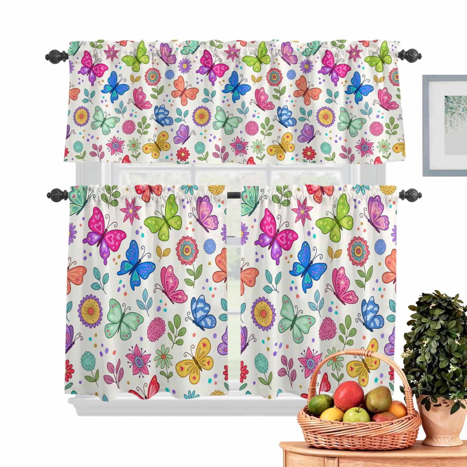 Color Butterflies Kitchen Curtains Valances 3 Piece Set, Cartoon Flower ...