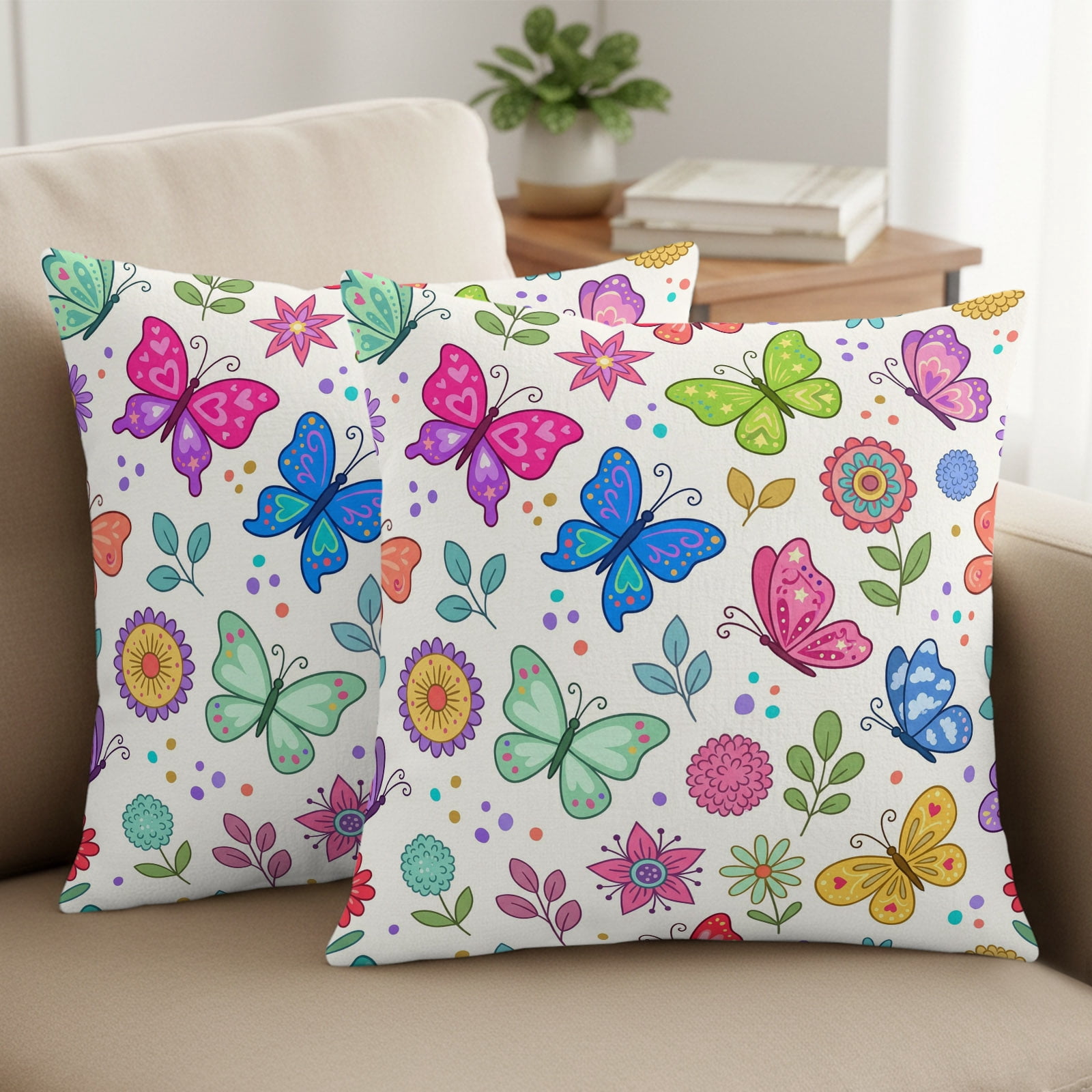 Color Butterflies Pillow Covers Set of 2, Cartoon Flower Green Blue ...