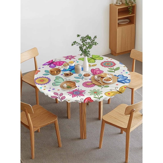 Color Butterflies Round Fitted Tablecloth with Elastic Edge, Cartoon ...