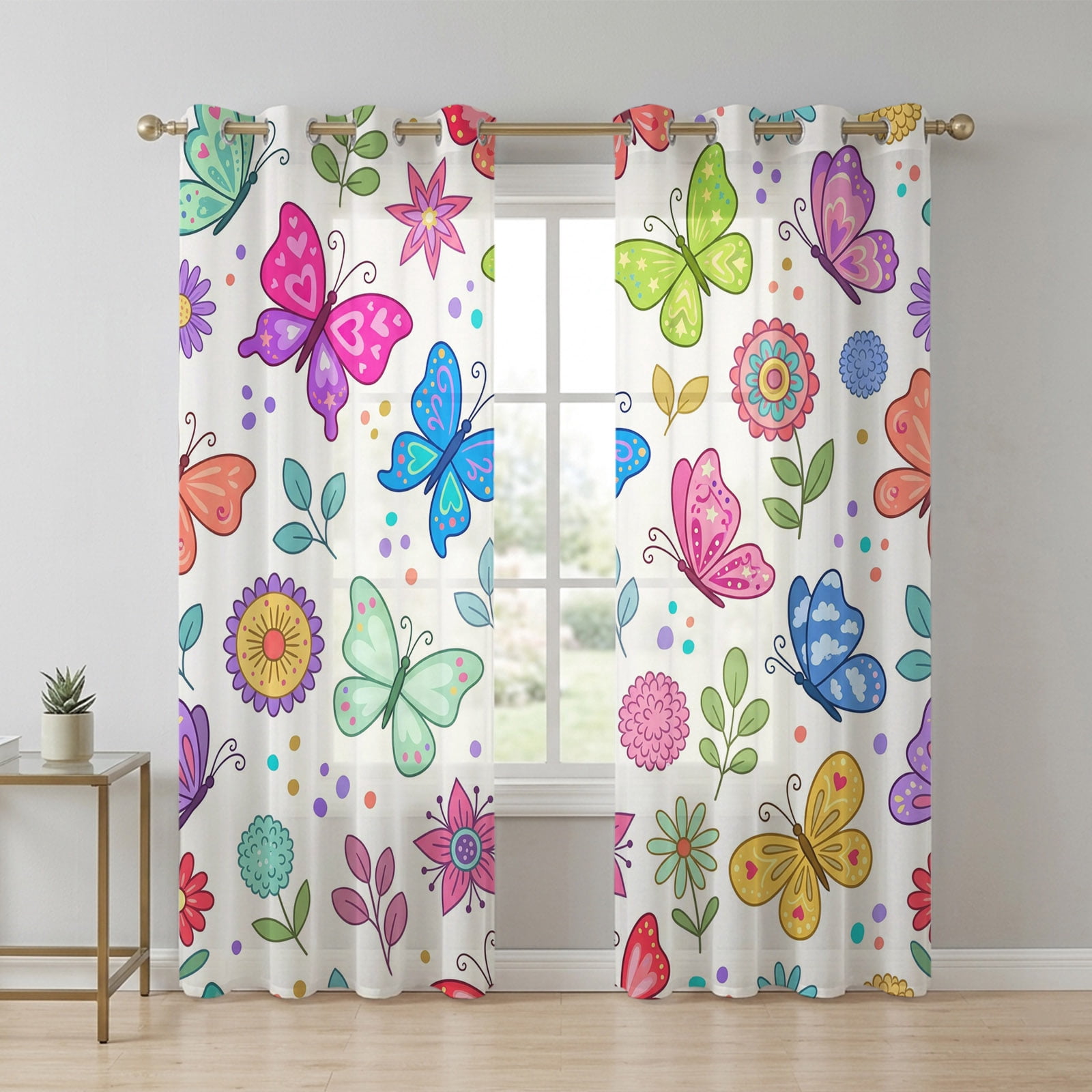Color Butterflies Sheer Curtains 72 Inch Long 2 Panels, Cartoon Flower ...