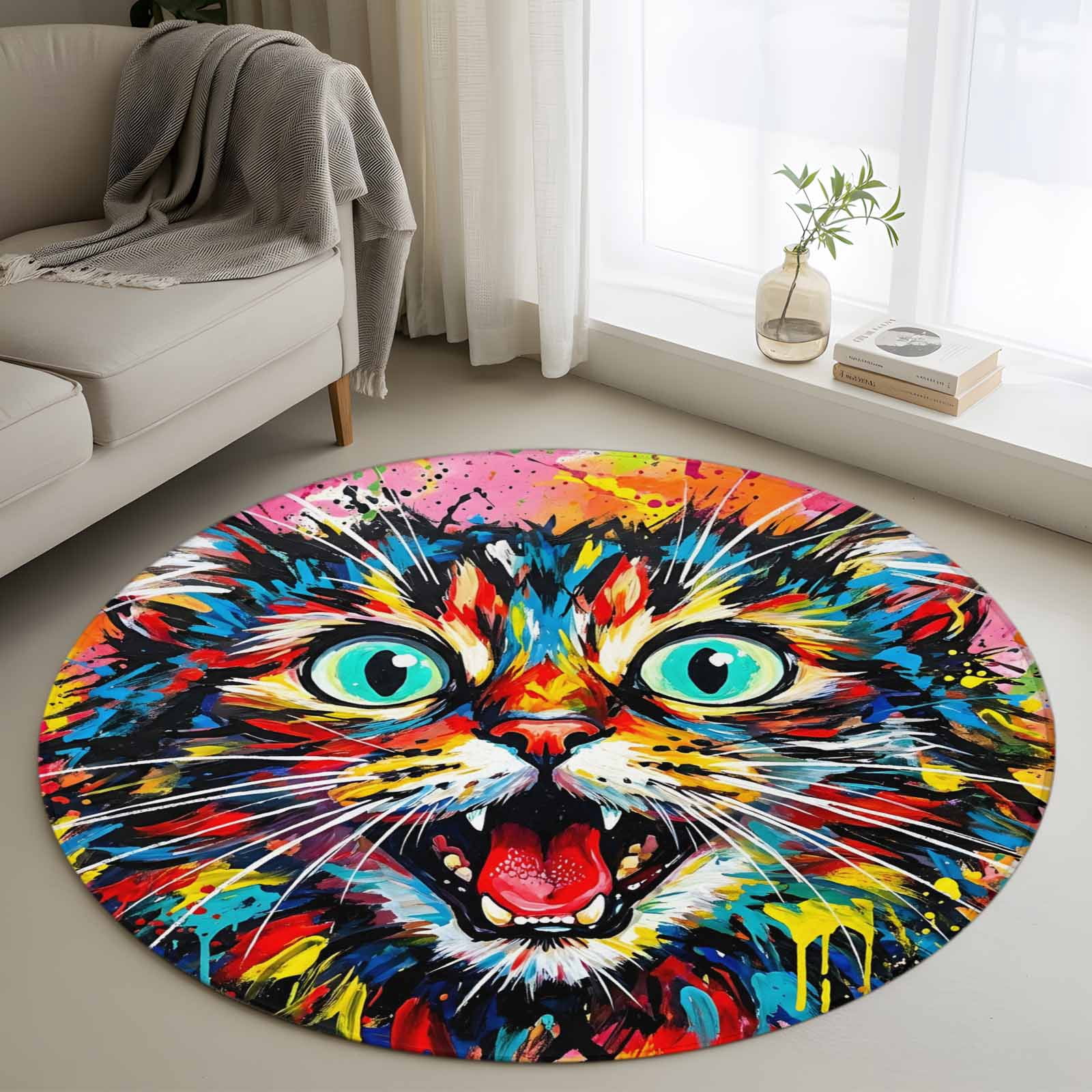 Color Cat 3FT Round Area Rug Graffiti Animal Modern Art Pink Orange ...