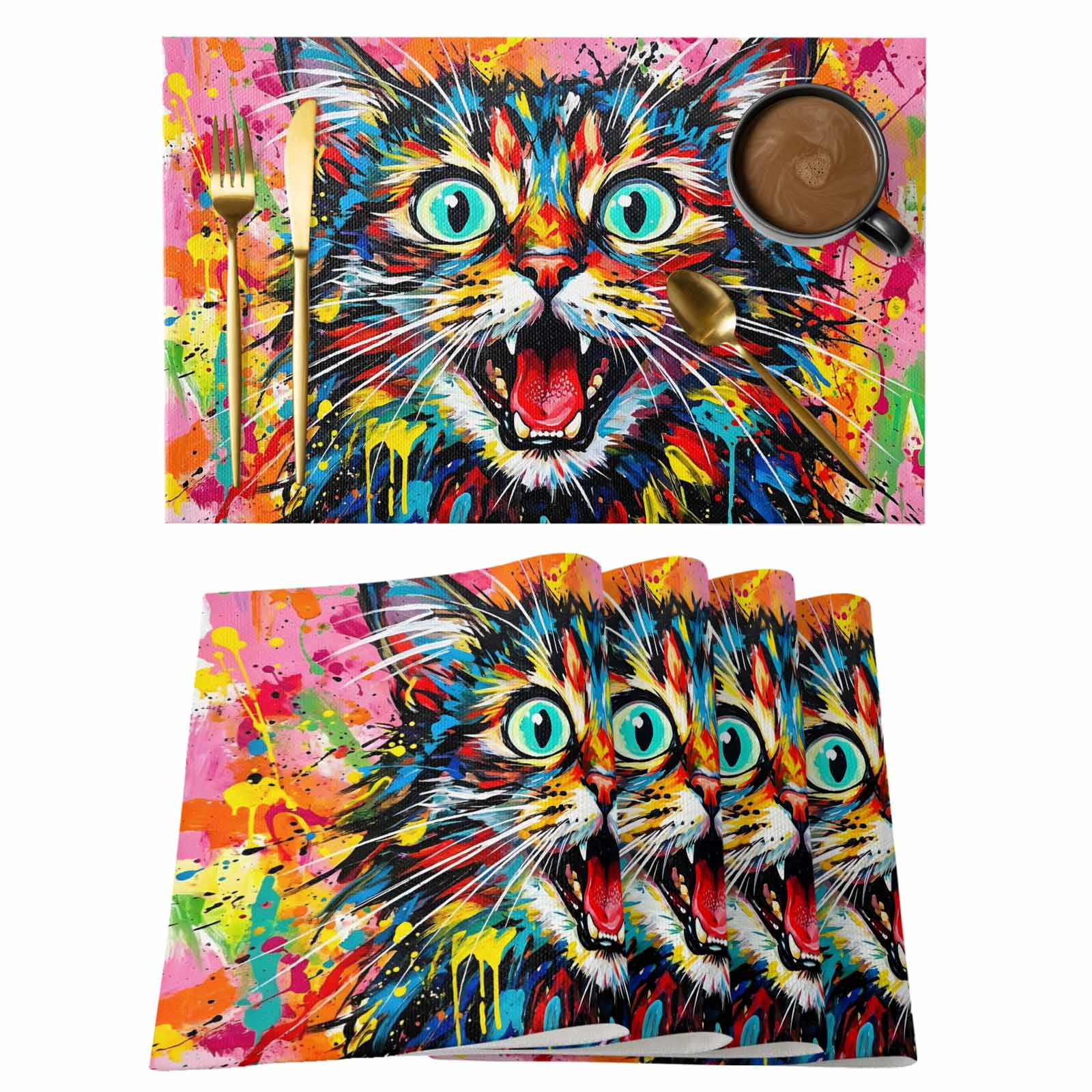 Color Cat Cotton Linen Placemats Set of 8, Graffiti Animal Modern Art ...