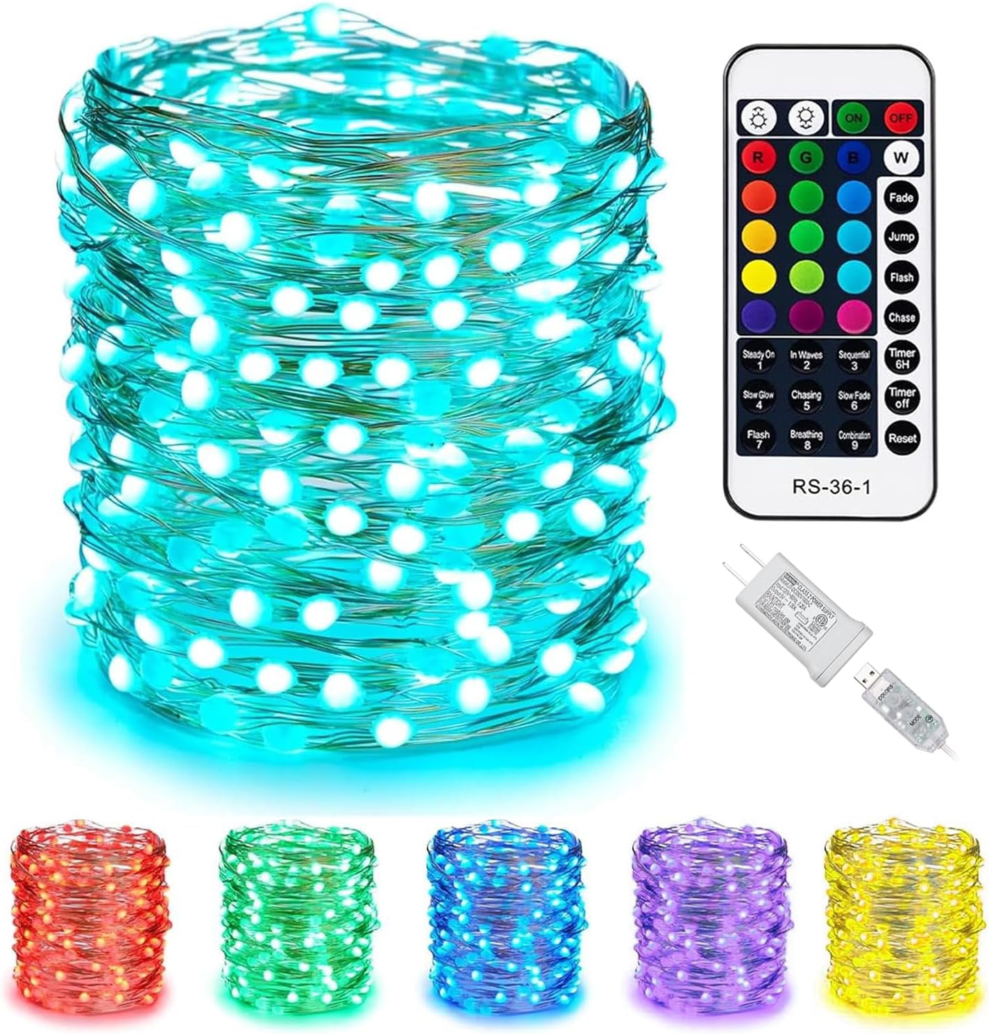 Color Changing Fairy String Lights - 33 ft 100 LED USB Silver Wire with ...
