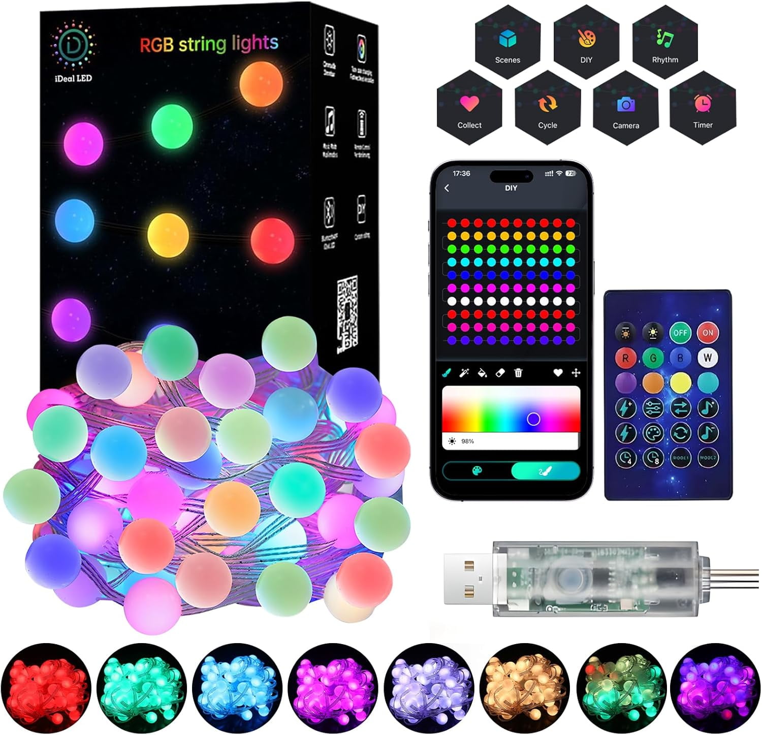 Color Changing Globe String Lights, 66ft Smart RGB-IC Fairy Lights with ...