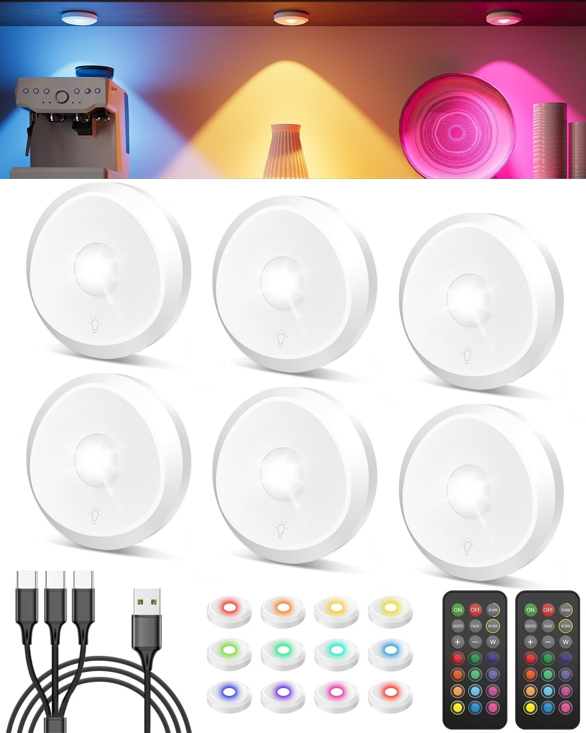 Color Changing Puck Lights with Remote, 2400mAh Touch Light Push Tap ...