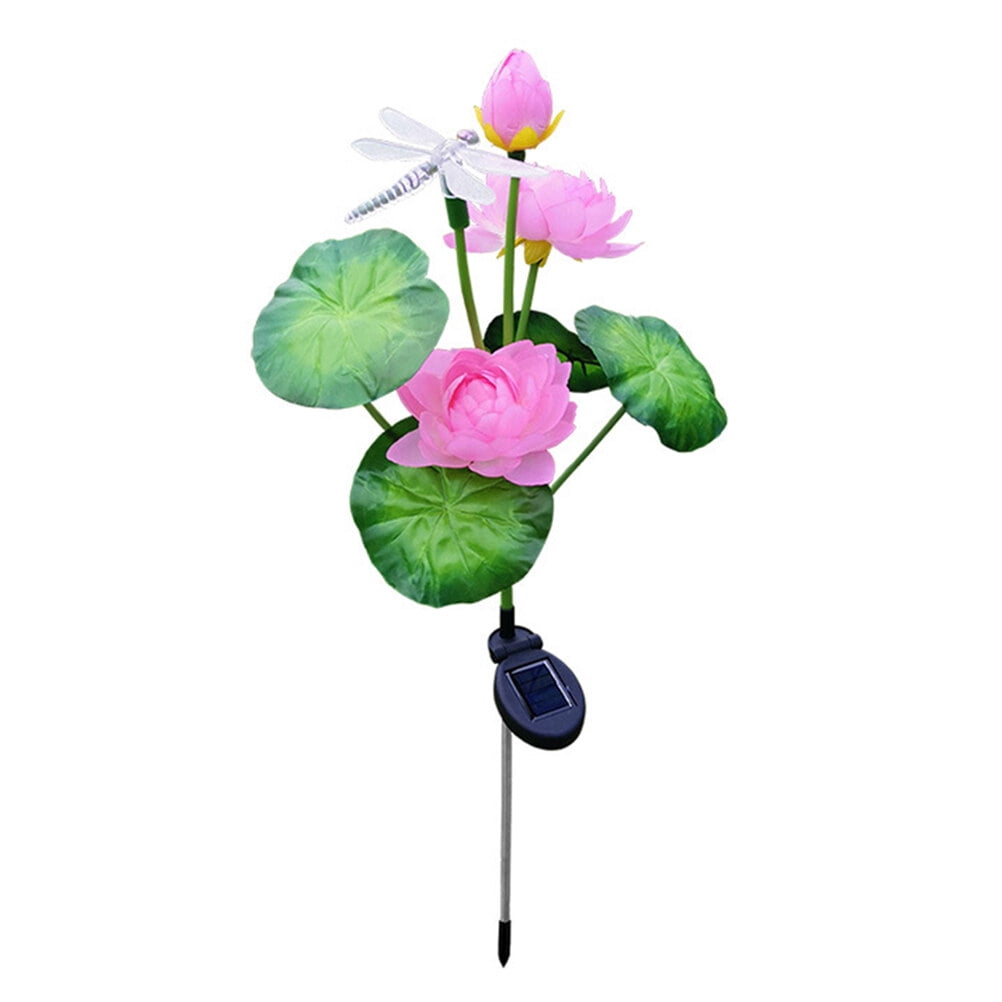 Color Changing Solar Powered Lotus Lights with Dragonfly Garden Stake ...