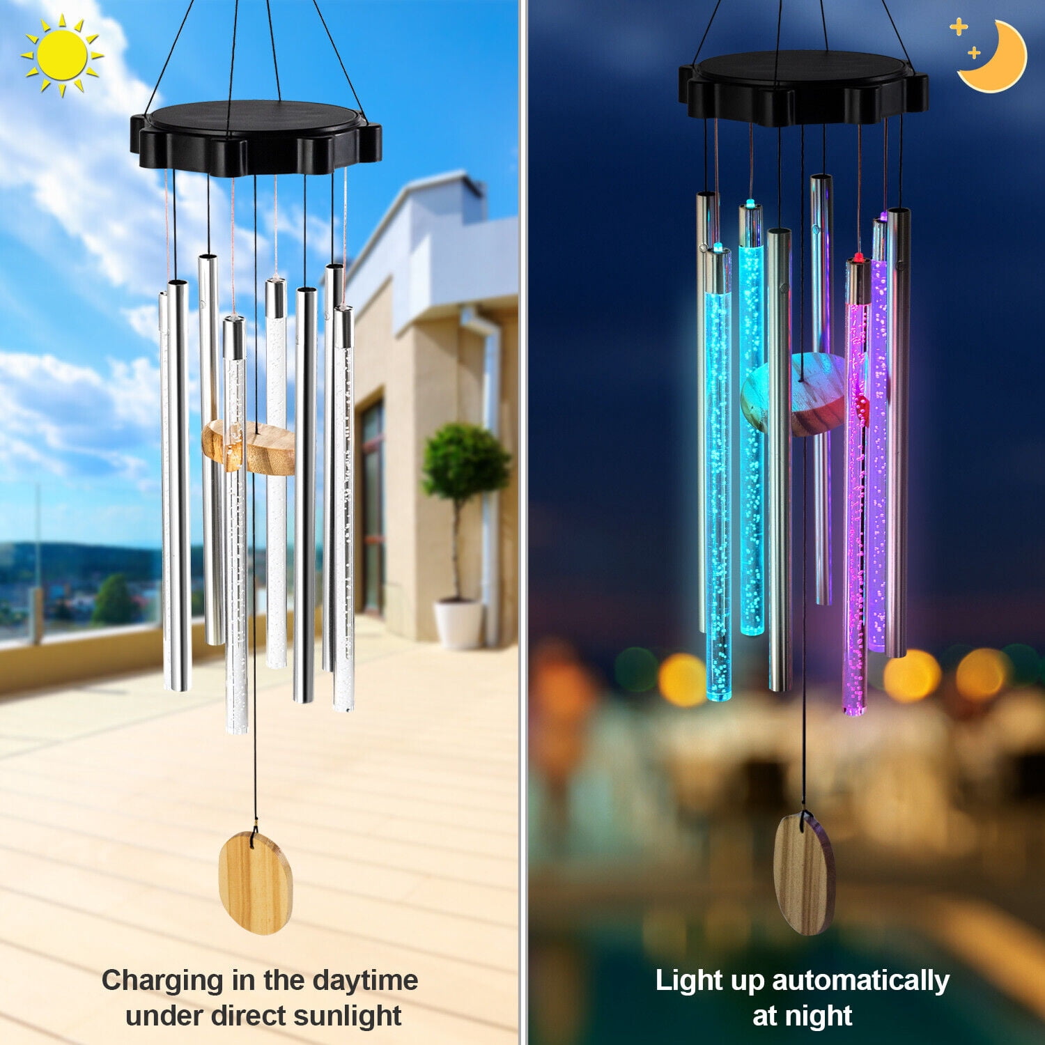 Color Changing Solar Wind Chimes LED Lights Large Deep Tone Resonant ...