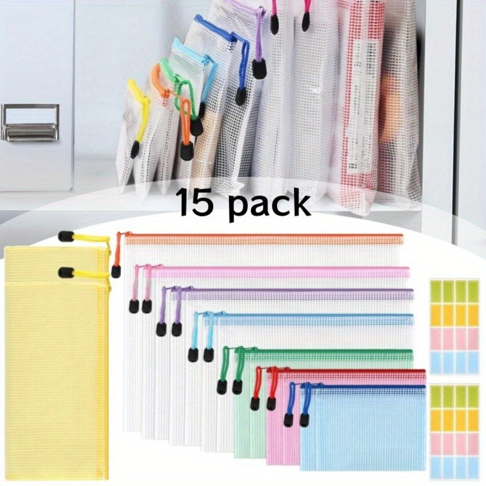 Color-Coded Document Organizer Set, 15 PVC Zipper Bags in 8 Standard ...
