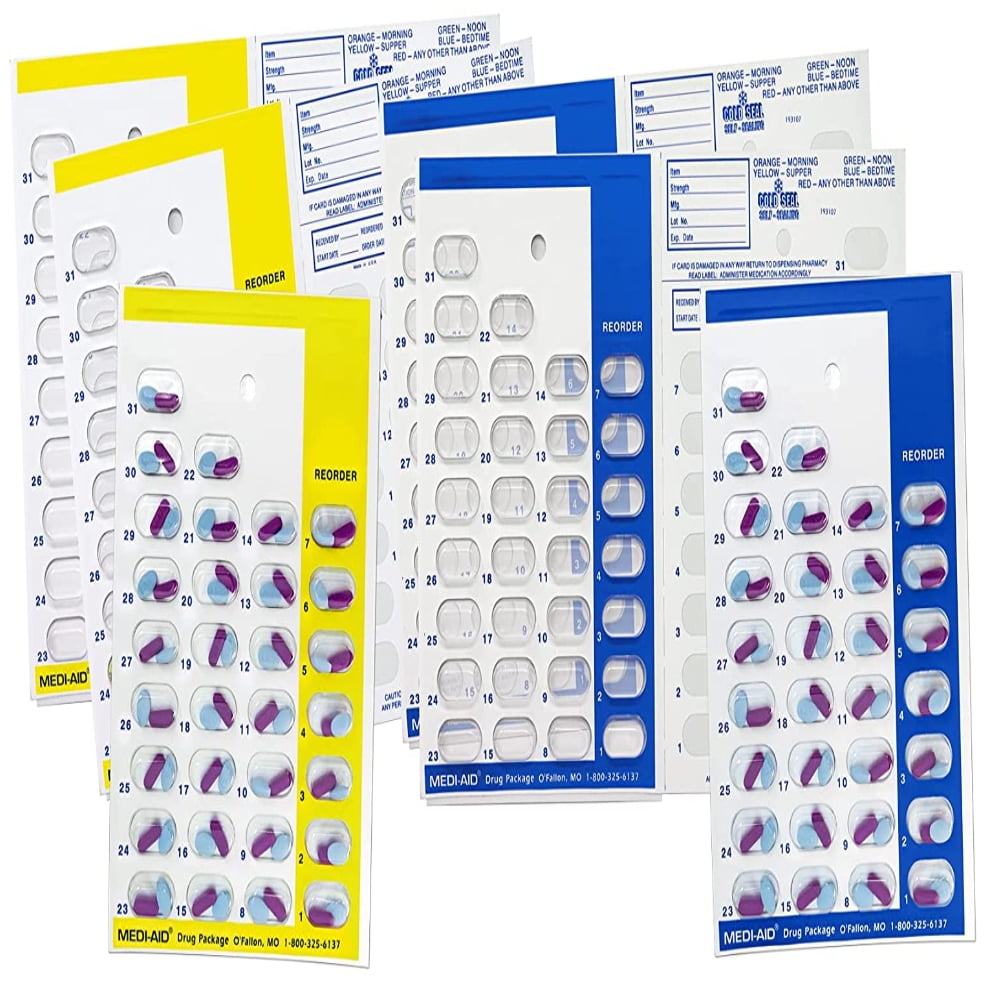 Pill Thing Monthly Medication Blister Cards, Color Coded, Blue and ...
