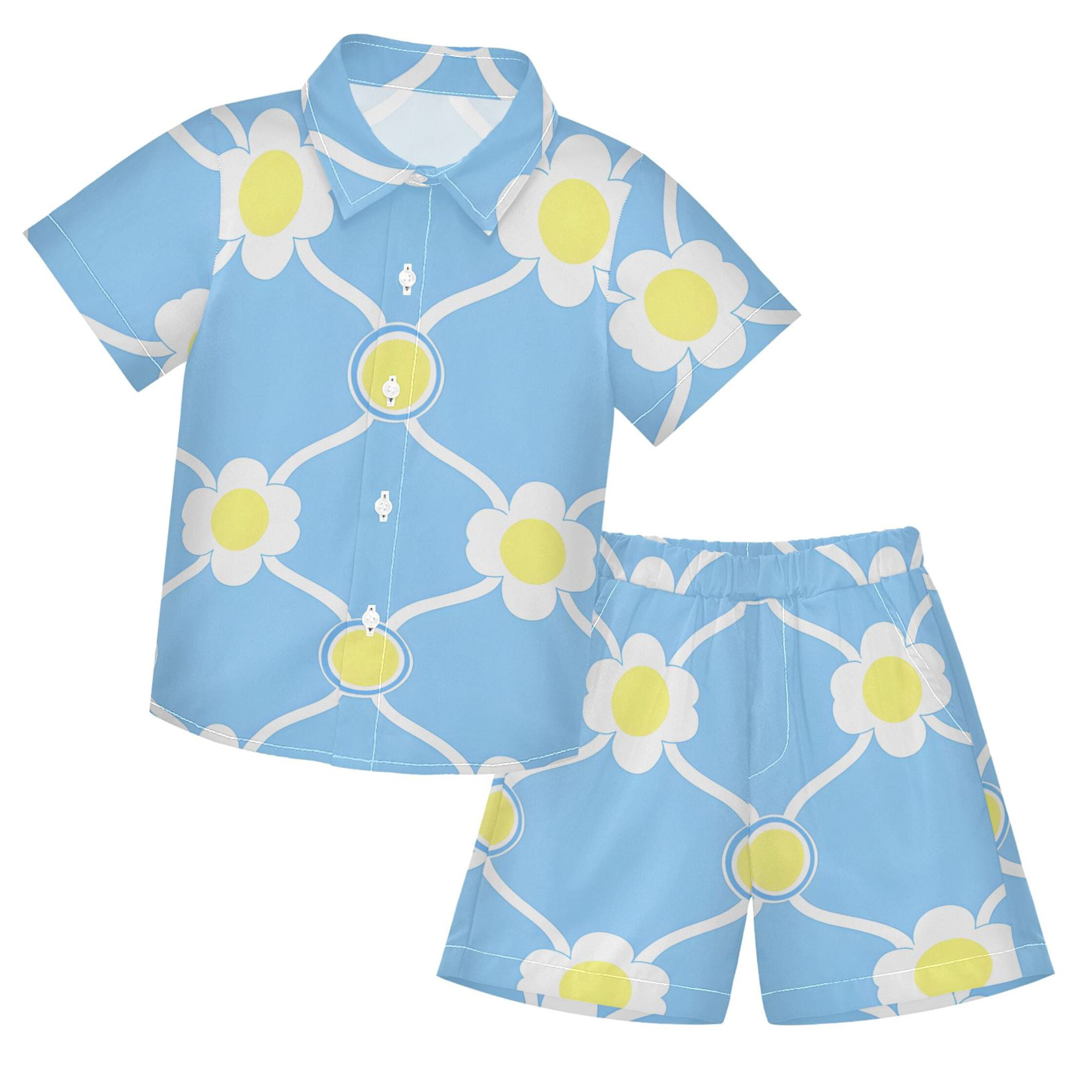 Color Cute Flower Pattern Boys' Hawaiian Shorts Sets Button Down Shirts ...