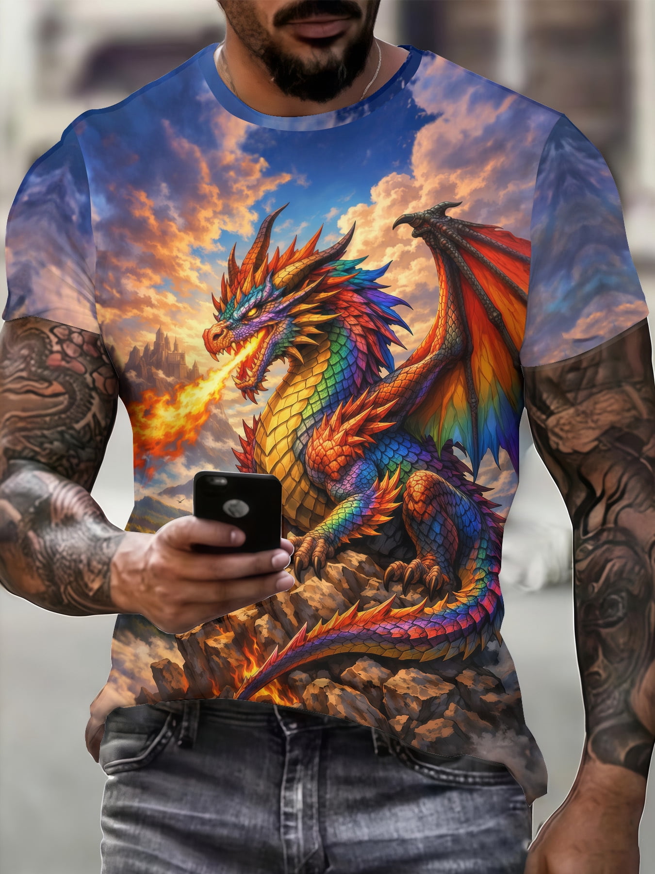Color Dragon King Digital Printing Short Sleeve Trend Men's Summer ...