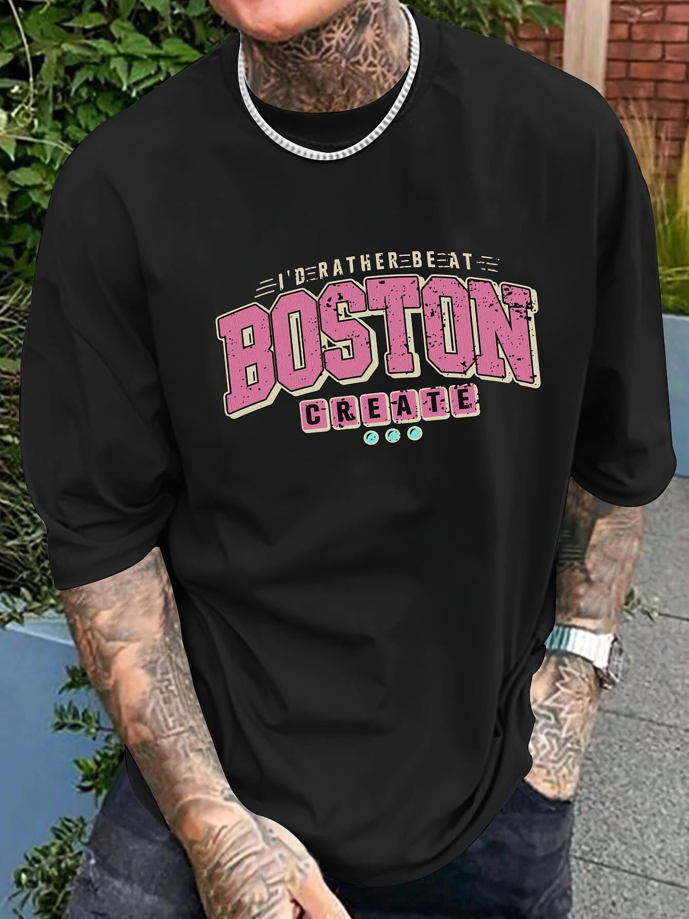 Color English BOSTON Printed Men's Casual Trendy Fashion Crew Neck T-shirt Tee For Adult, Men ...
